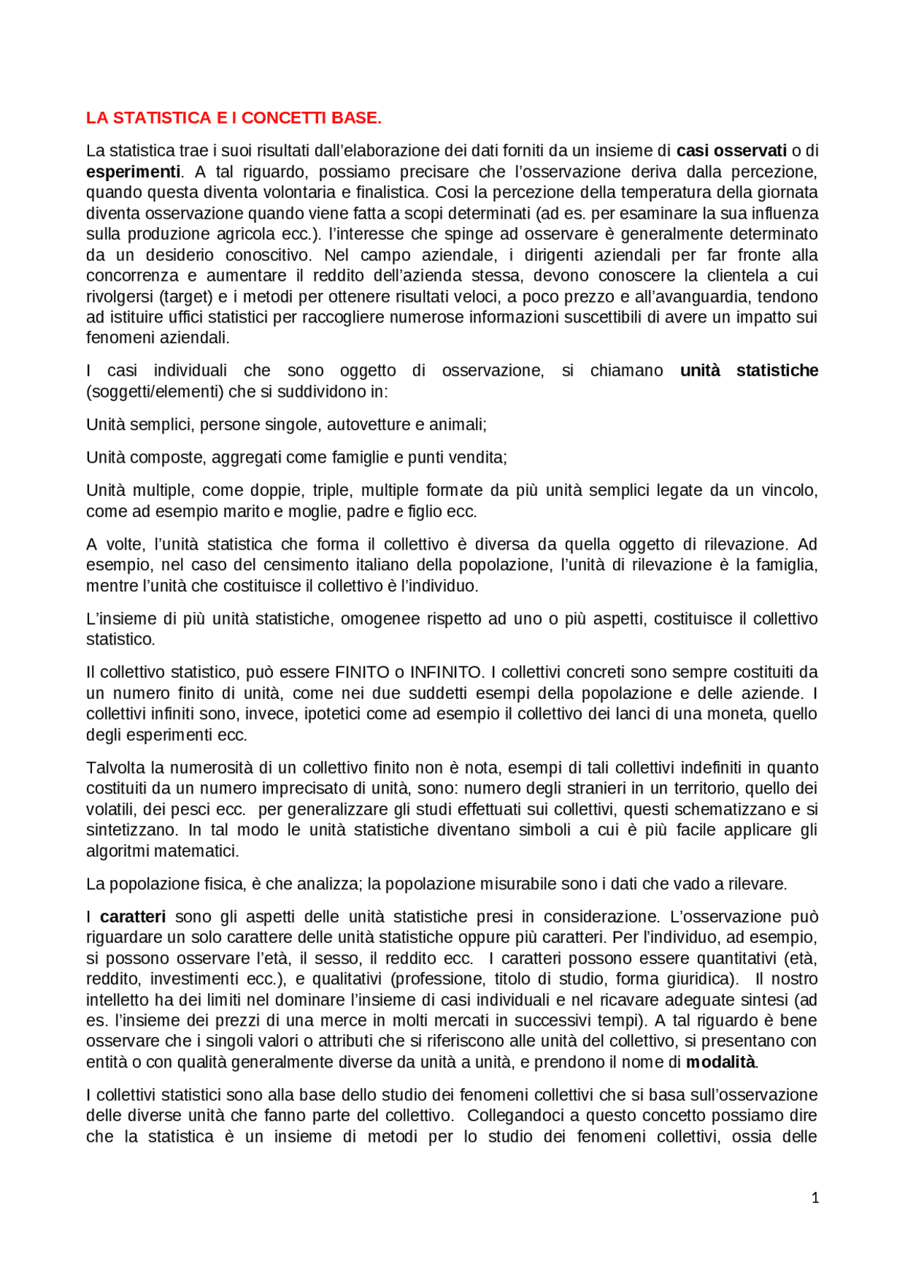 STATISTICA E I SUOI CONCETTI BASE - Docsity