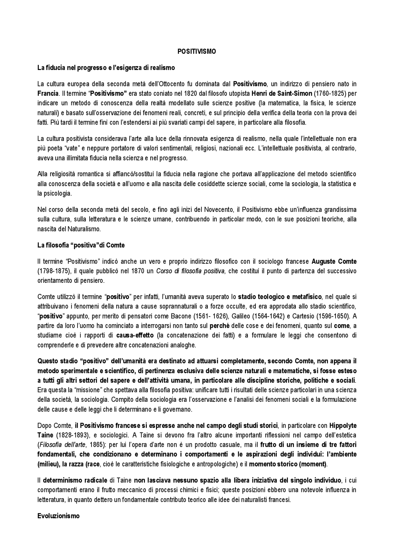 Il Positivismo Sintesi Docsity