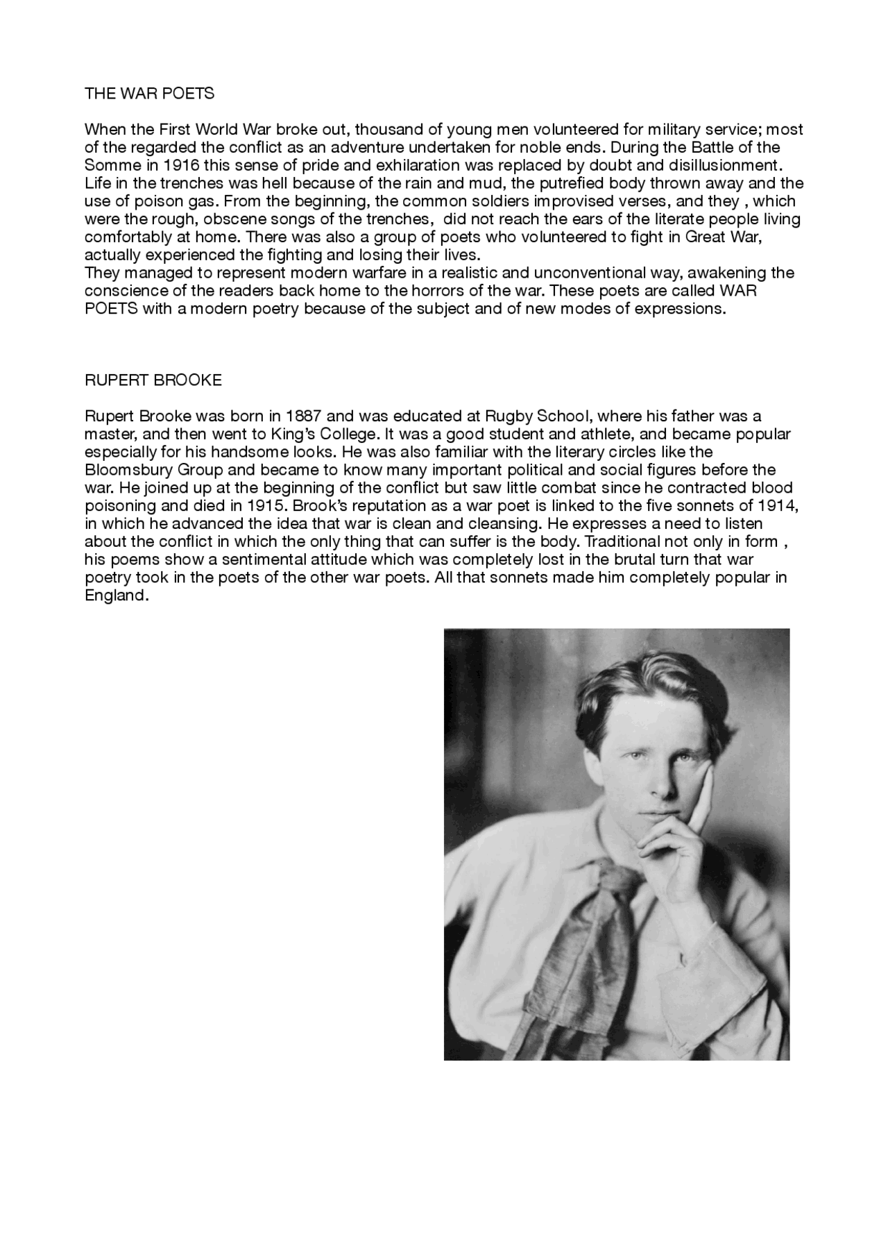 Rupert Brooke: war poet - Docsity