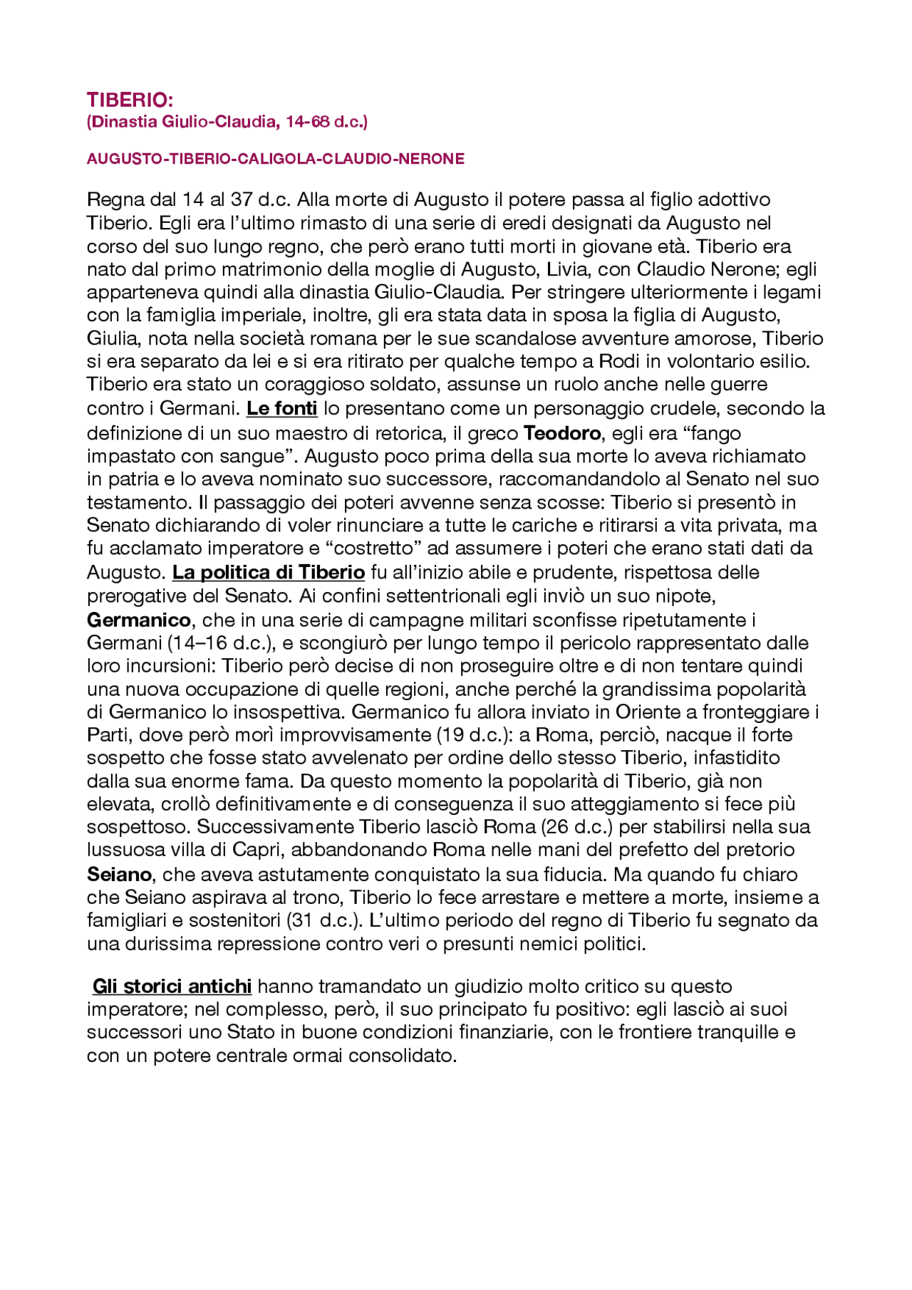 Limperatore Tiberio Dinastia Giulio Claudia Docsity