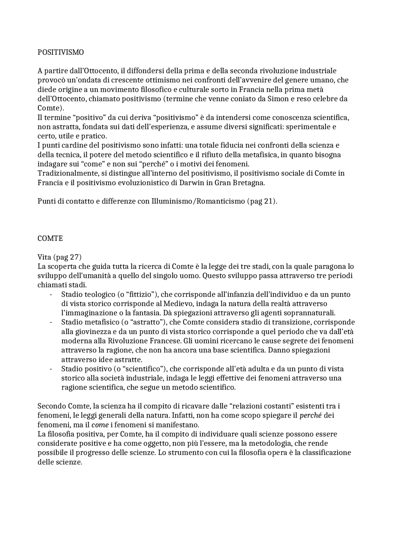 Sintesi Positivismo Comte E Darwin Docsity