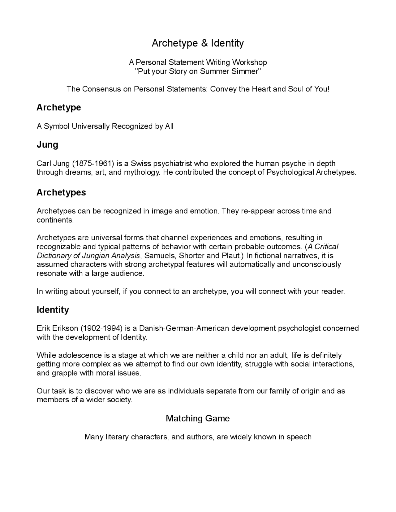 Archetype Identity Worksheet | Exercises English Literature | Docsity