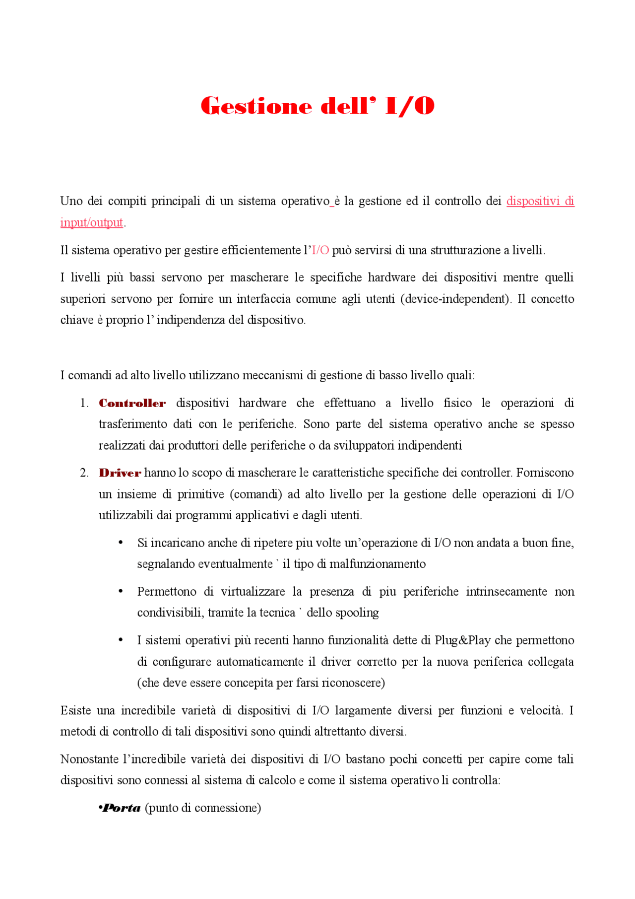 Gestione dell'input e dell'output nel sistema operativo - Docsity