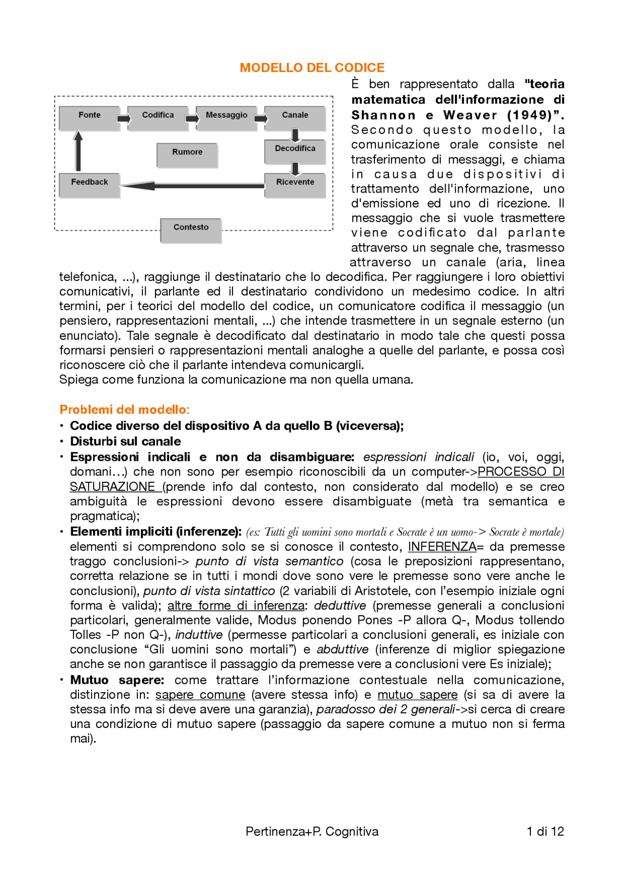 Modelli comunicativi di "Pragmatica cognitiva" e "La pertinenza" - Docsity
