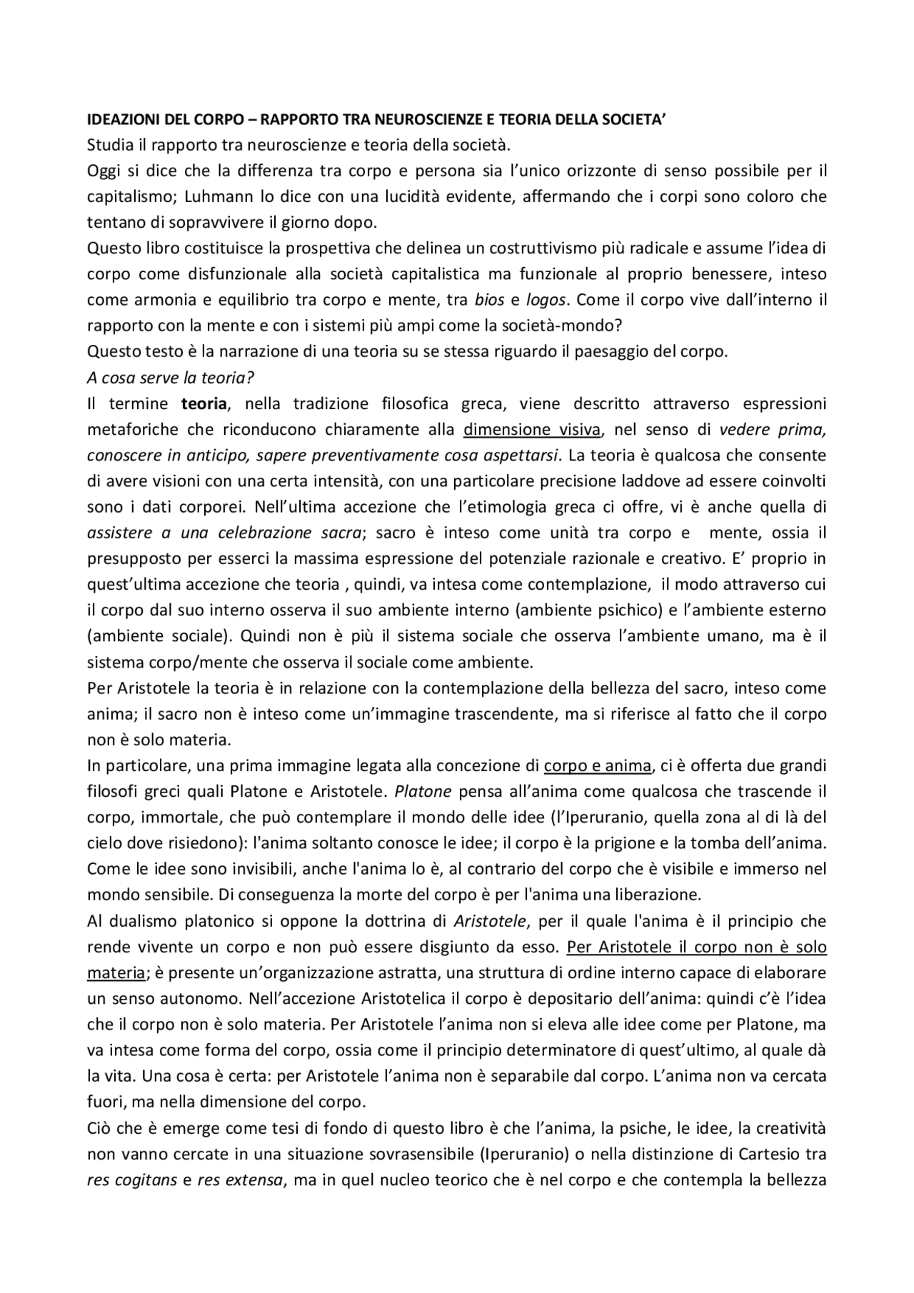 Ideazioni Del Corpo Neuroscienze E Teoria Della Società Docsity