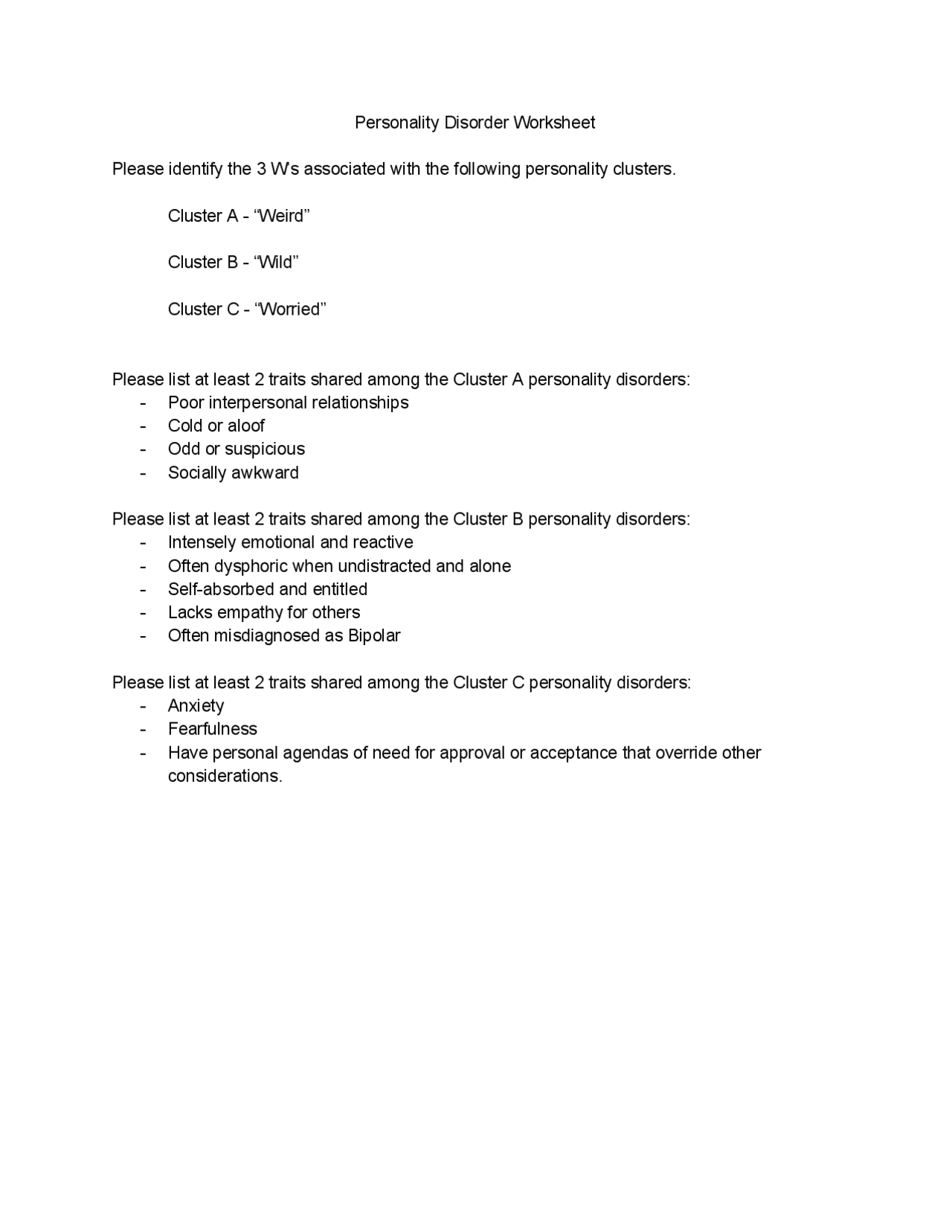 Personality Disorder Worksheet | Exercises Personality Psychology | Docsity