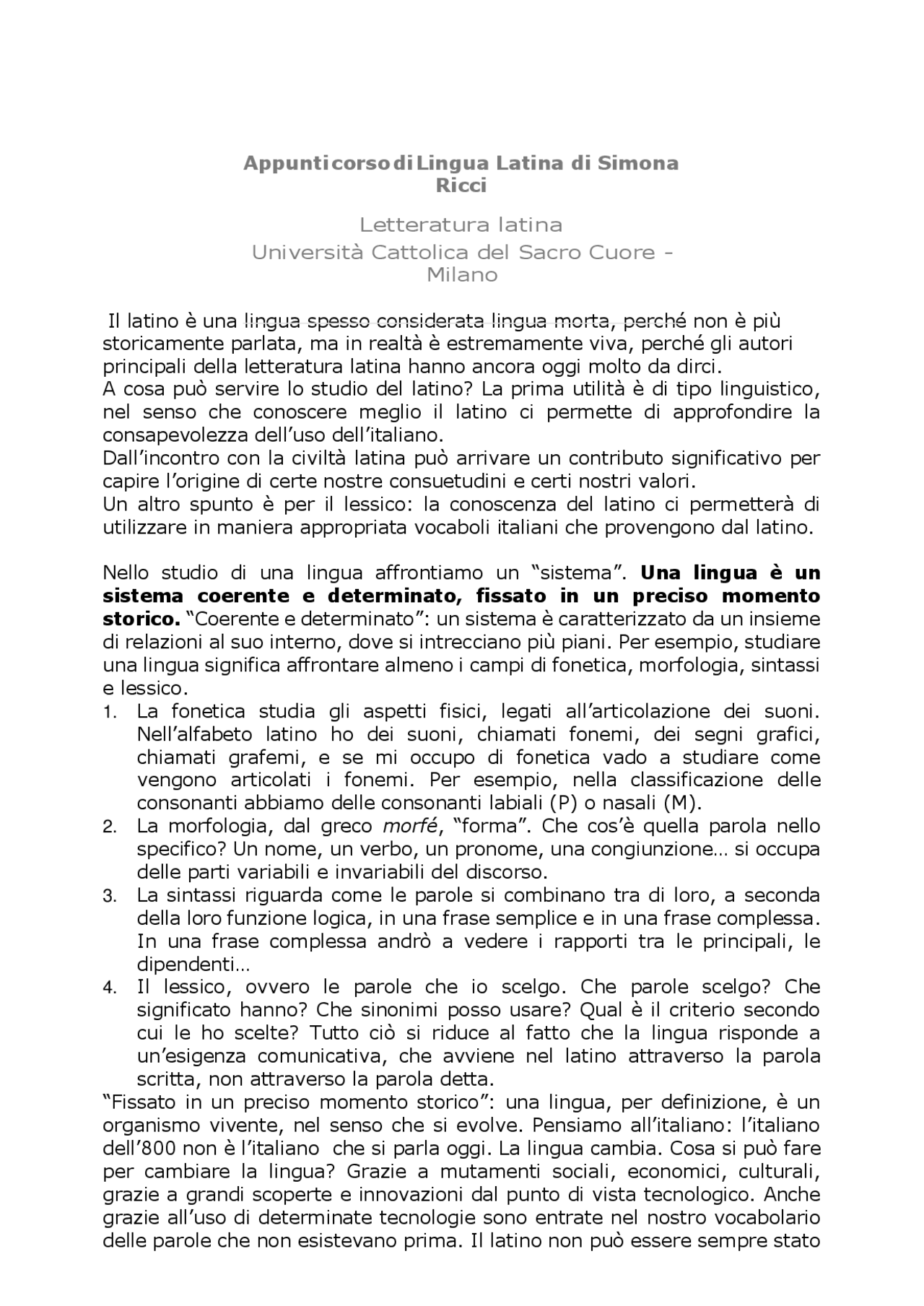 Appunti Del Corso Di Lingua Latina Di Simona Ricci 2019 Docsity