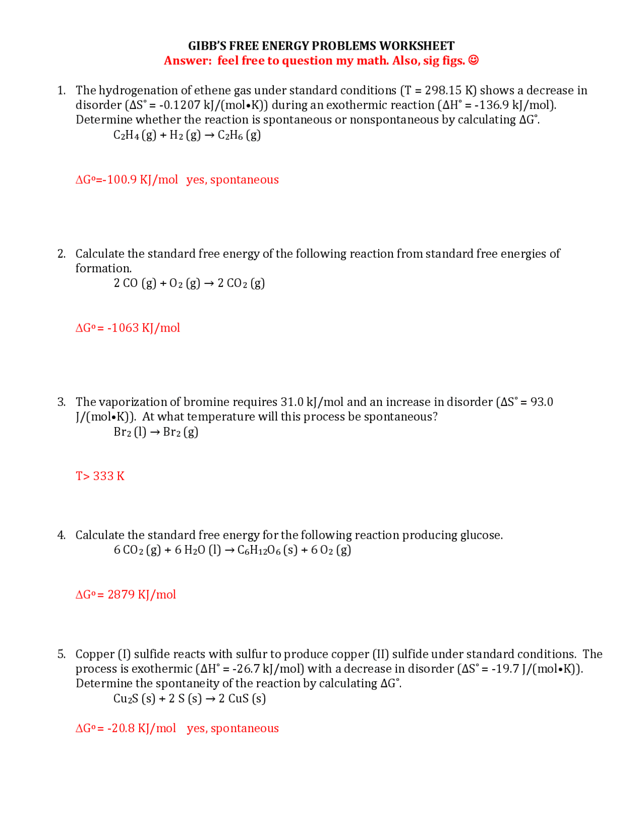 Gibbs Free Energy Worksheet Worksheets For Home Learning
