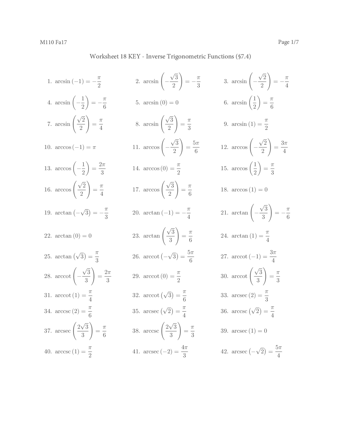 Inverse Trigonometric Functions Worksheet Educational Worksheet