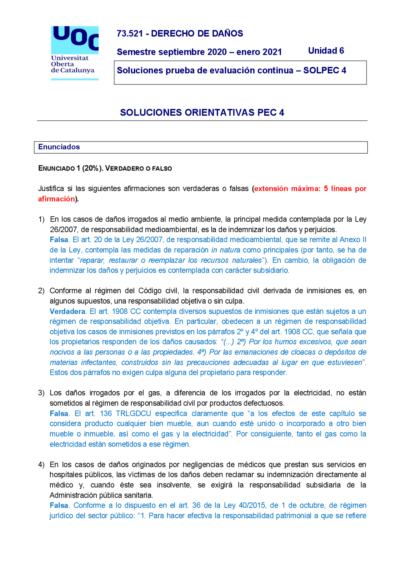 Solucion Pec 4 Derecho De Daños 2020 Ejercicios De Derecho Civil