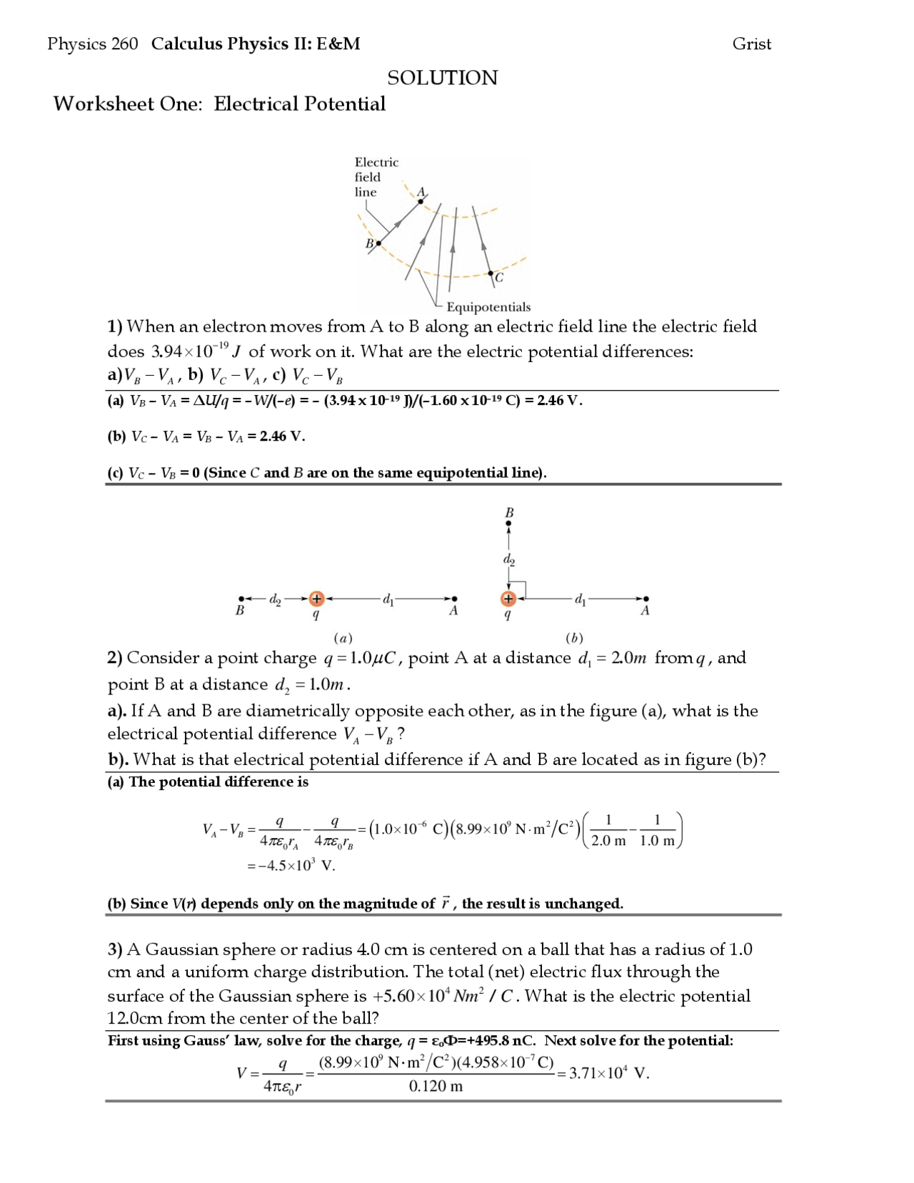Worksheet Solutions for Electrical Potential Calculus Physics II: EM - Docsity