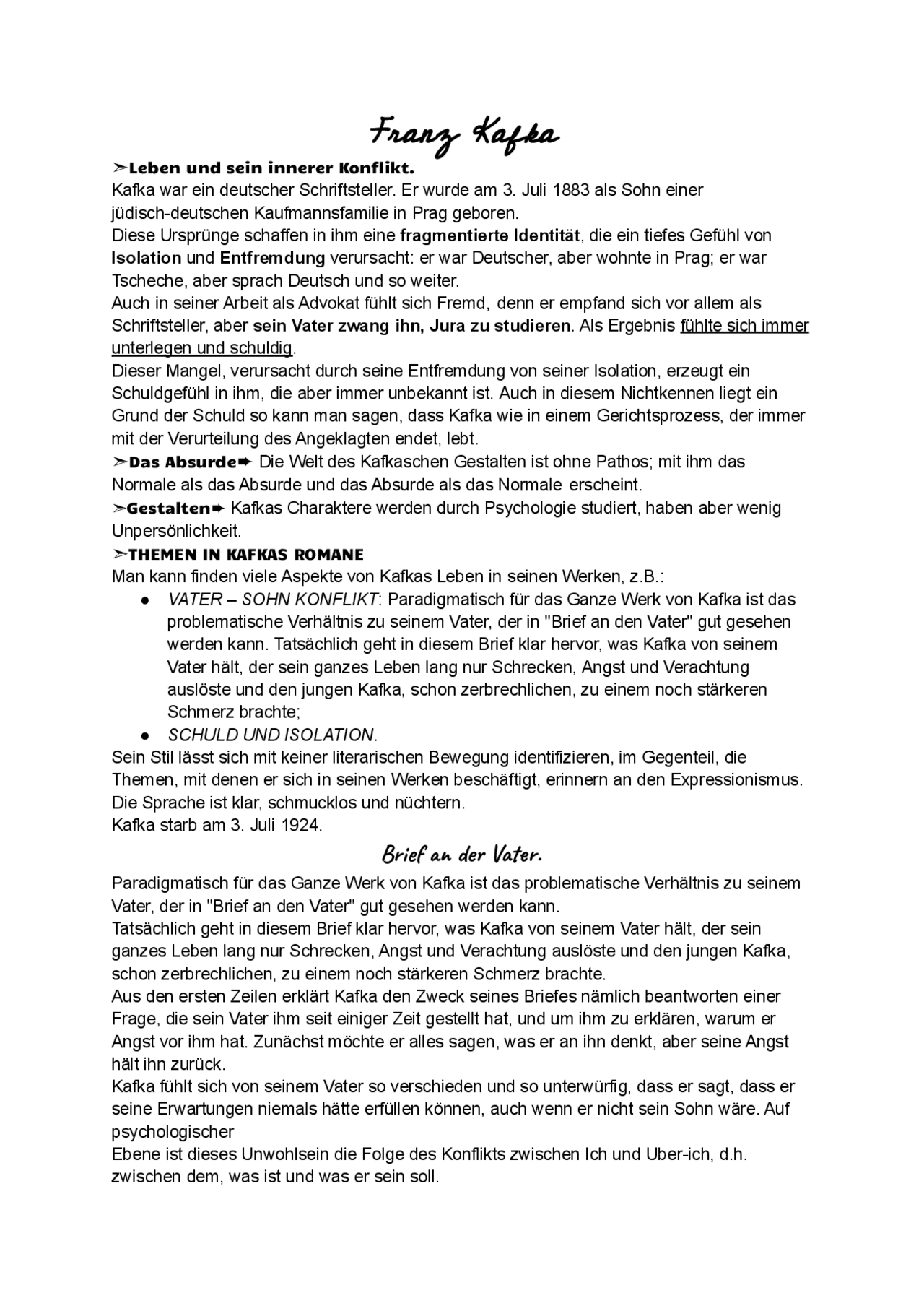 Franz Kafka Brief An Der Vater Appunti Di Tedesco Docsity