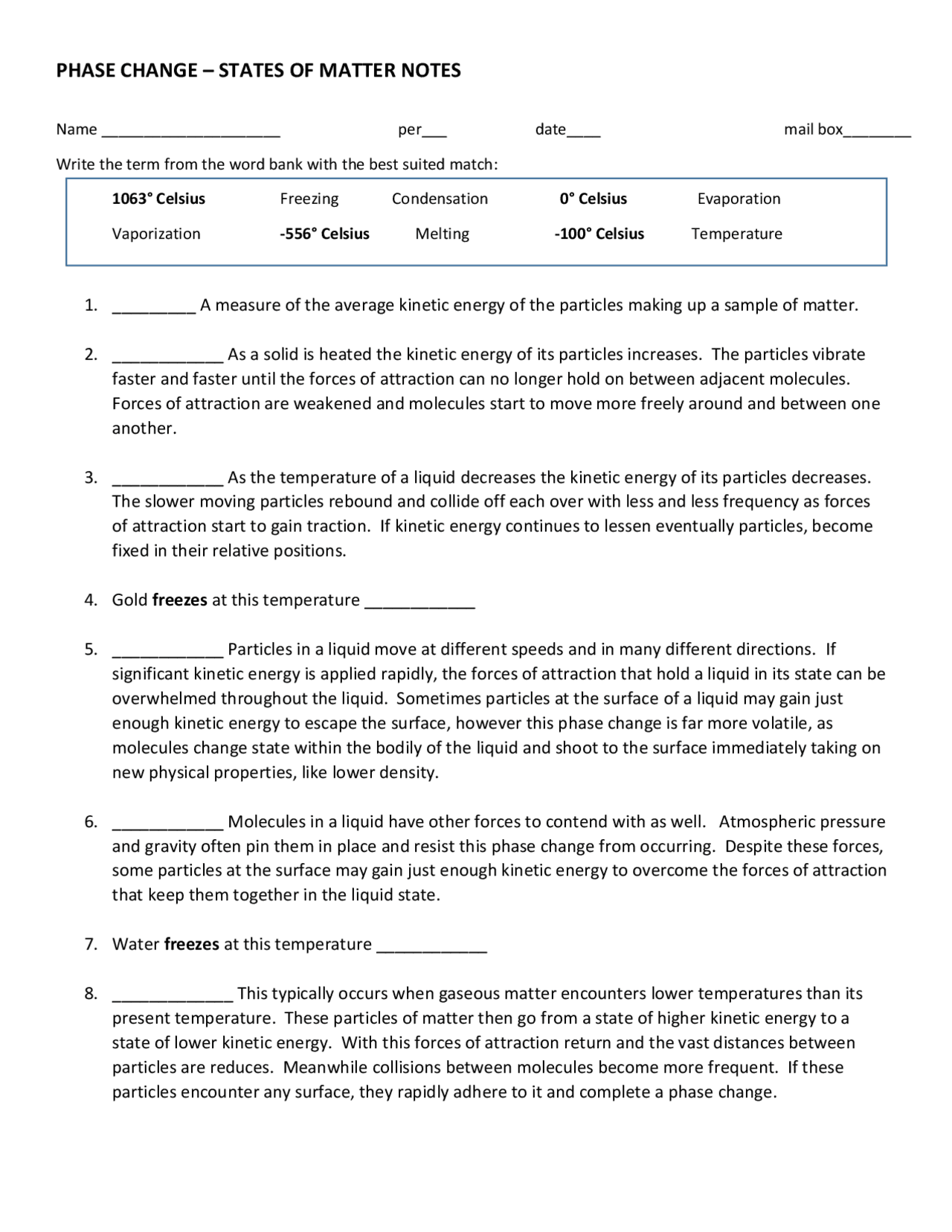 Phase Change States of Matter Worksheet - Docsity
