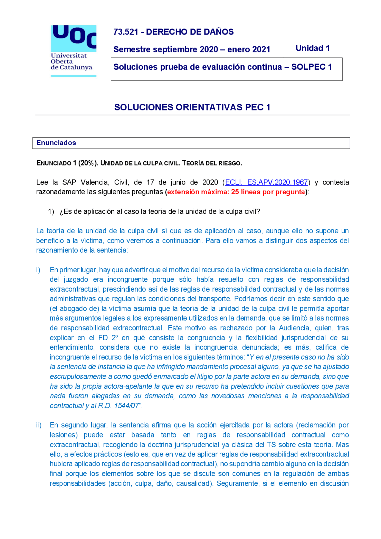 Solucion Pec 1 Derecho De Daños 2020 Ejercicios De Derecho Civil