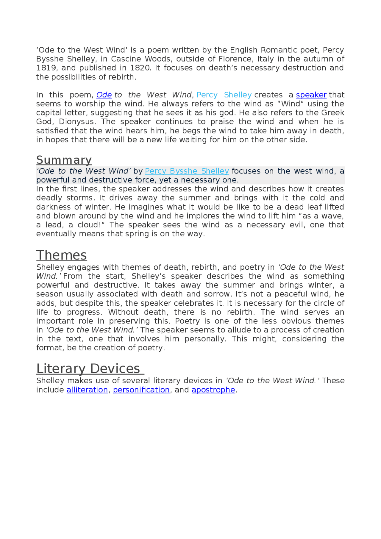 Ode to the west wind - Percy Bysshe Shelley - Docsity