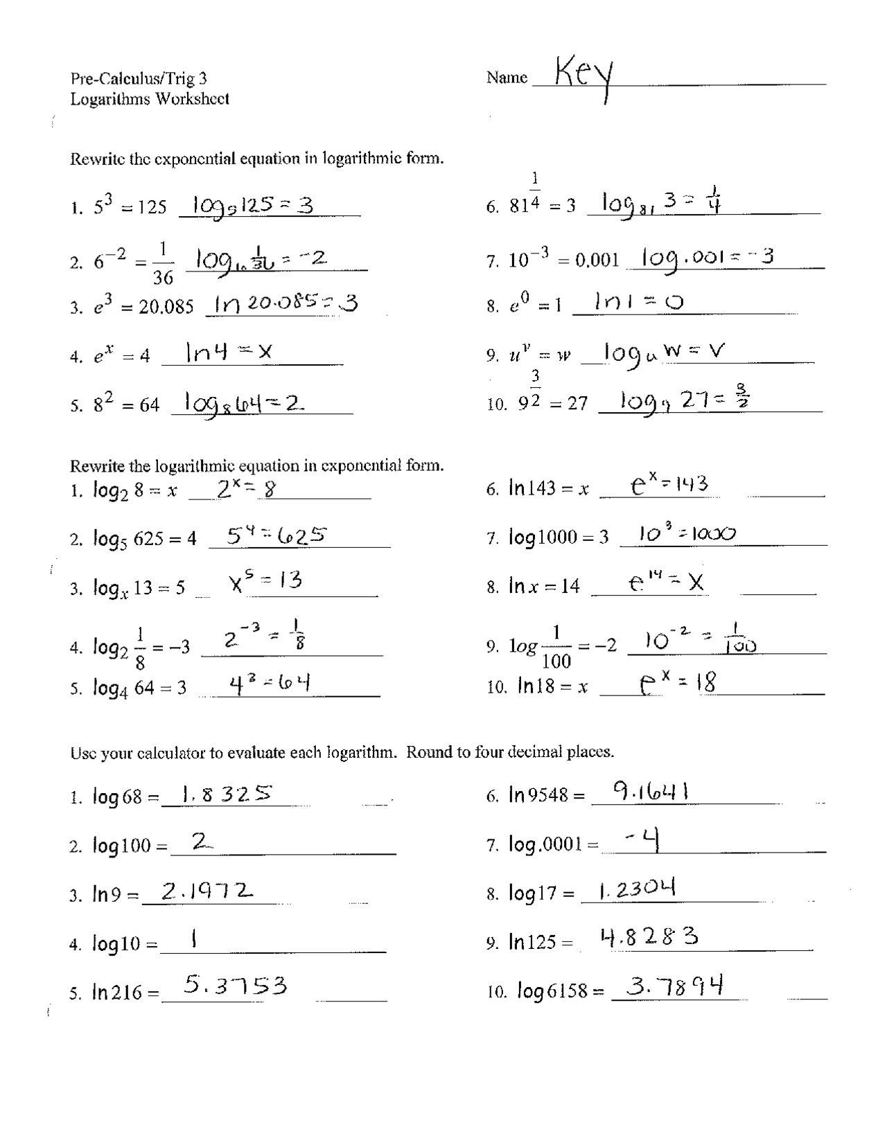 Logarithmic Equations Worksheet With Answers
