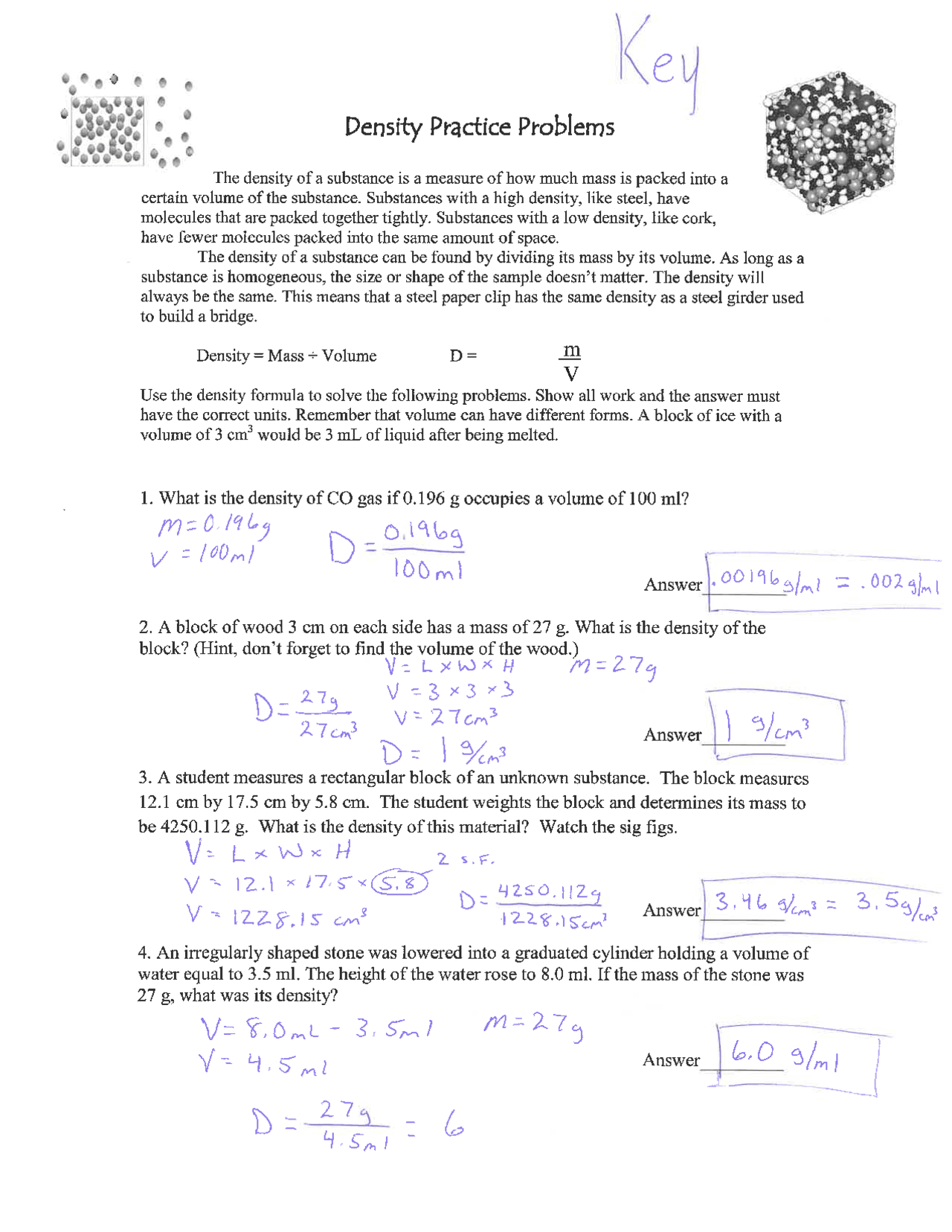 Density Worksheet Answer Key