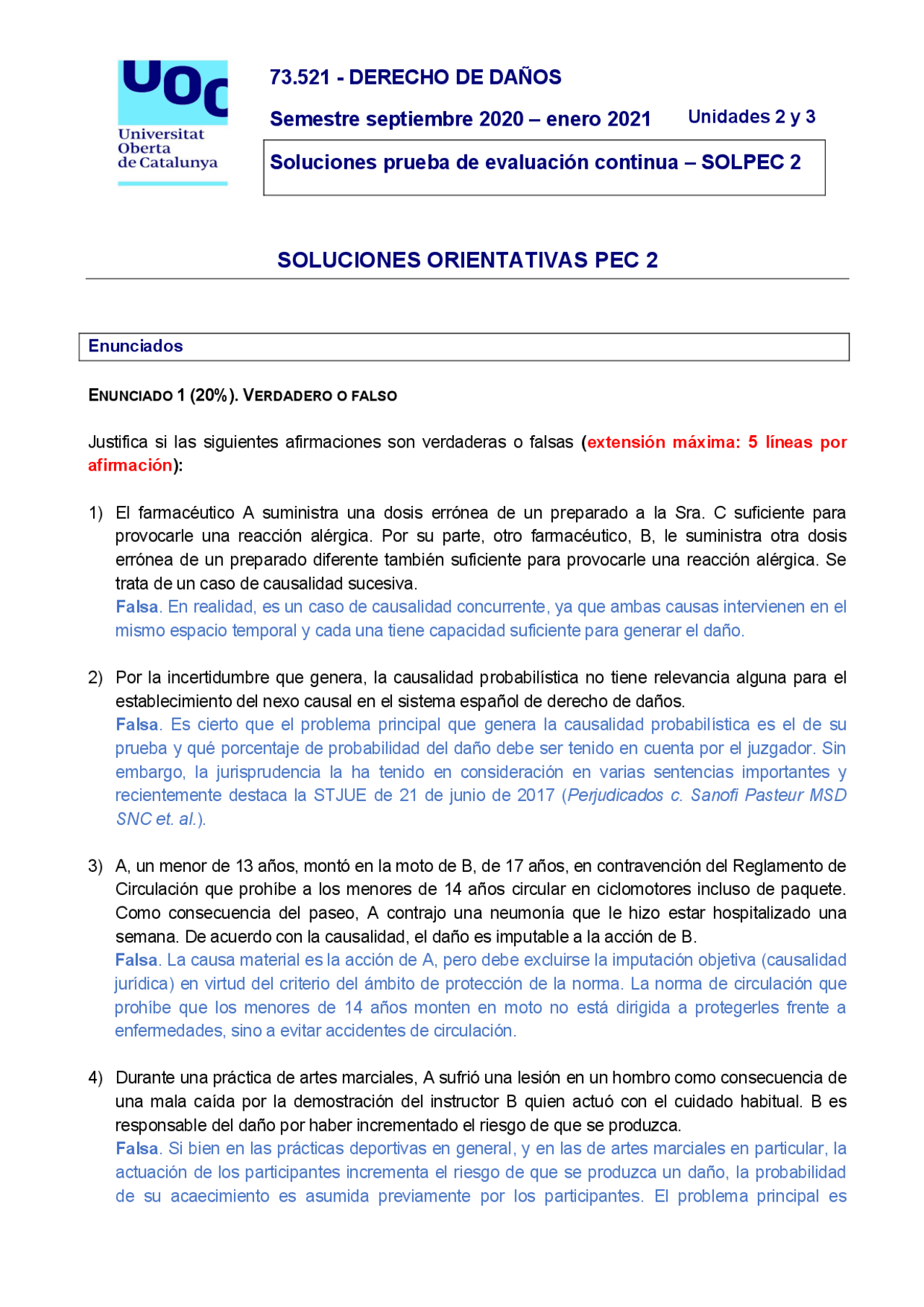 Solucion Pec 2 Derecho De Daños 2020 Docsity