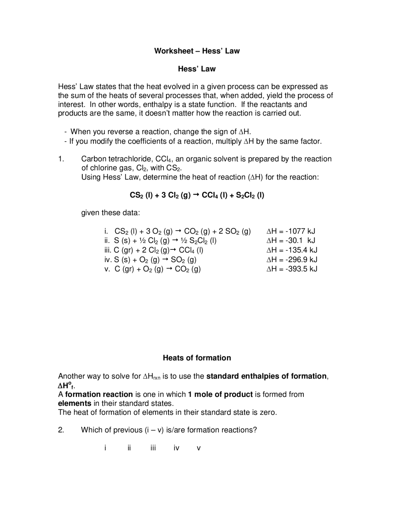 Worksheet-Hess Law with Answer Key | Exercises Chemistry | Docsity