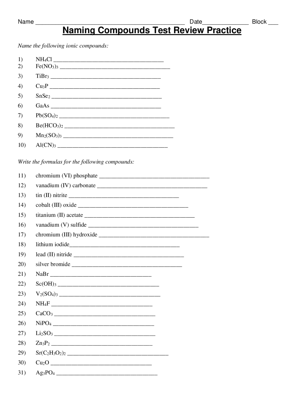 Naming Compounds Practice Worksheet Educational Worksheet