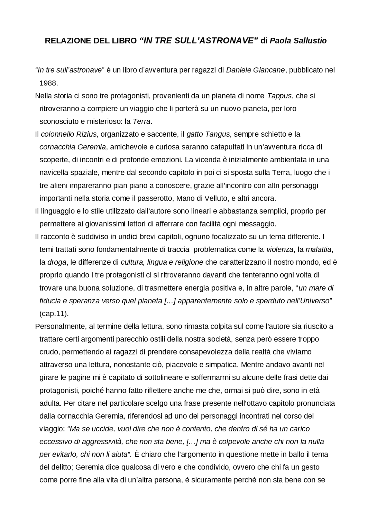 Relazione Del Libro In 3 Sullastronave Docsity