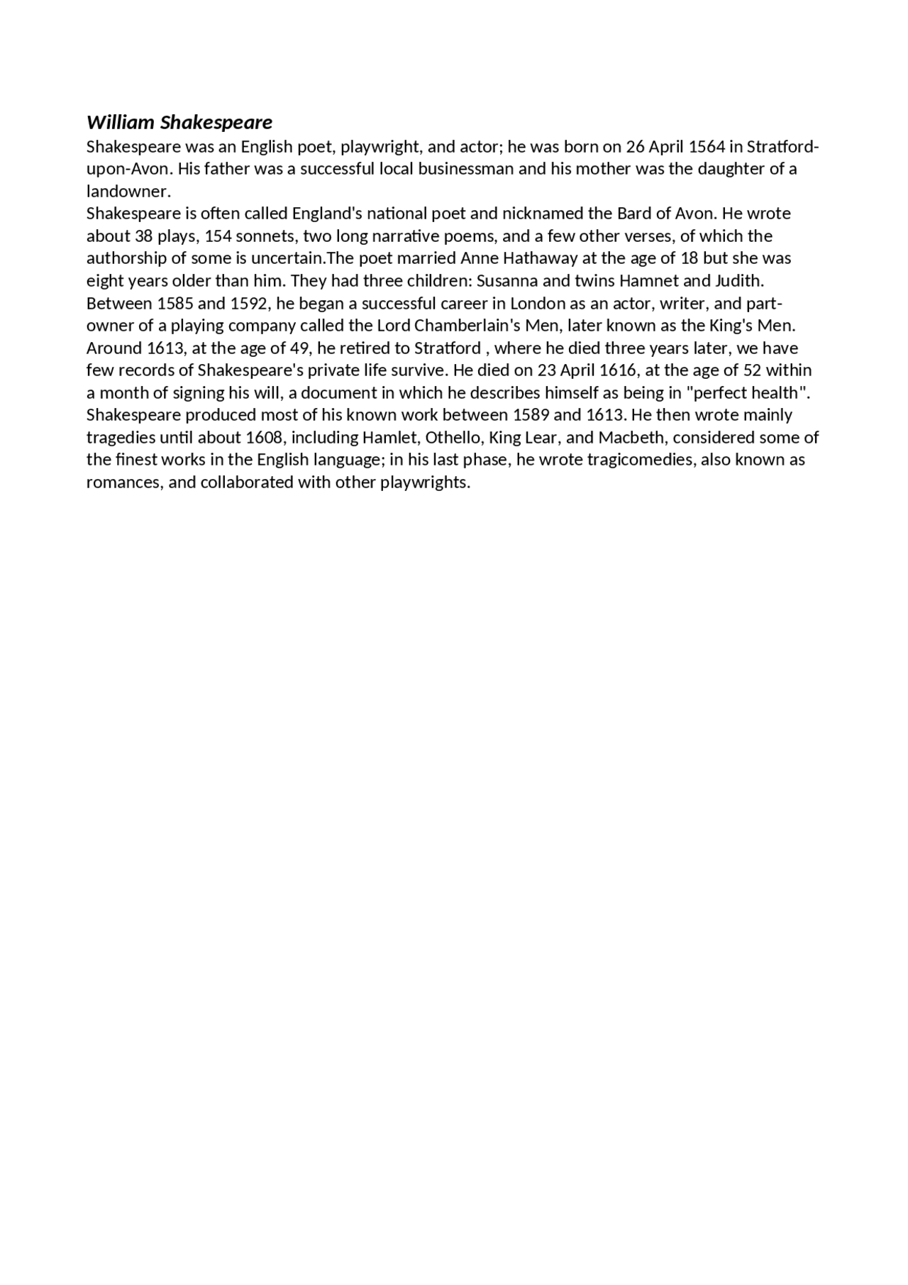 William Shakespeare Summary Docsity