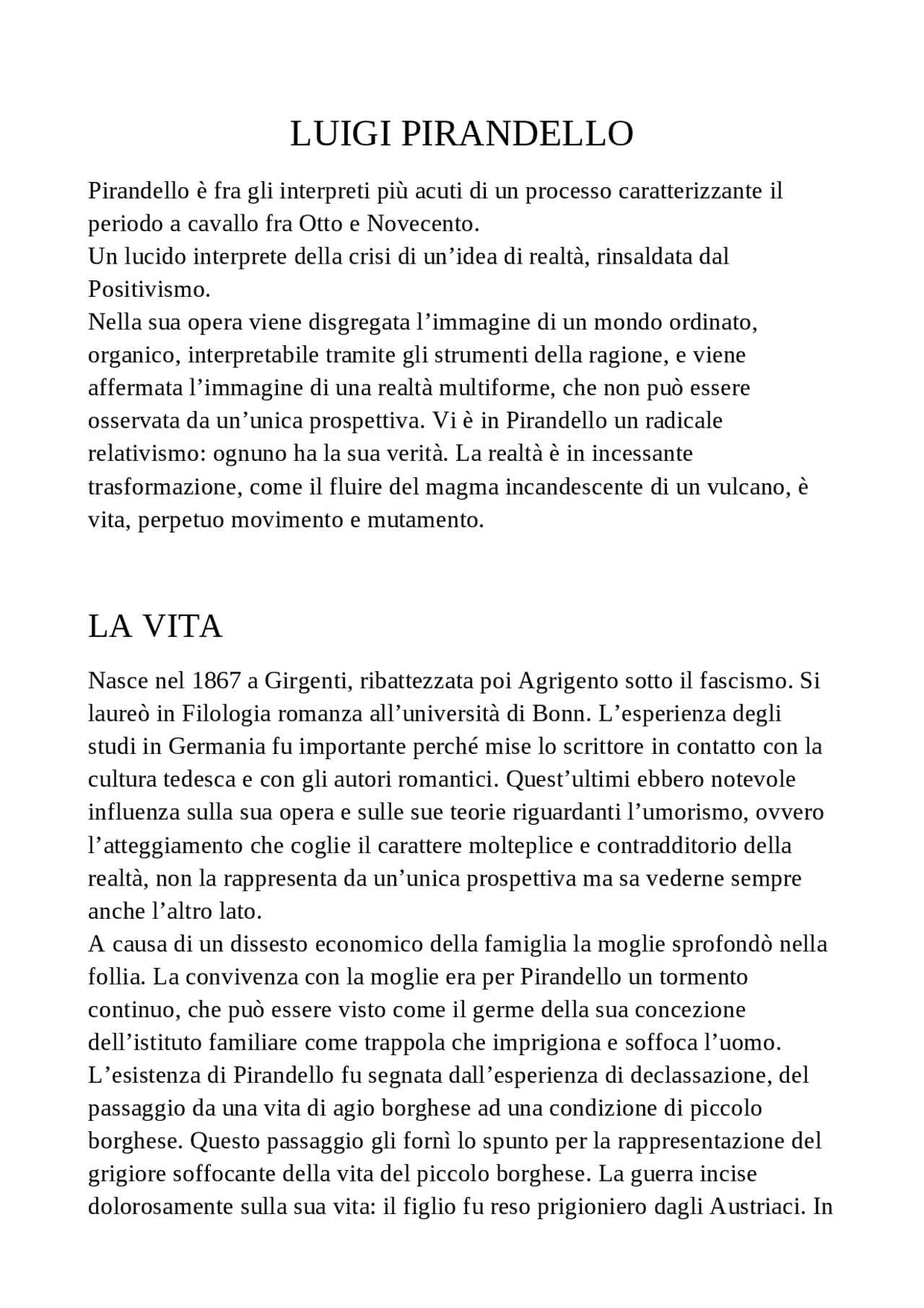 Luigi Pirandello Vita E Opere Docsity