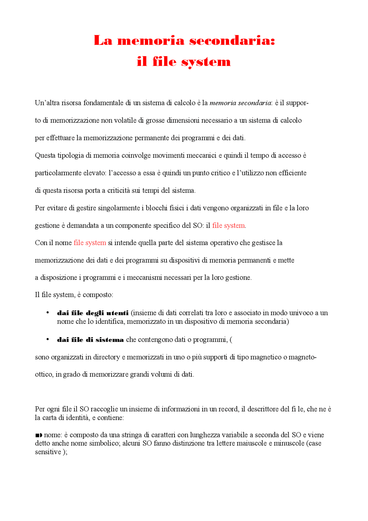 La Memoria Secondaria File System Docsity