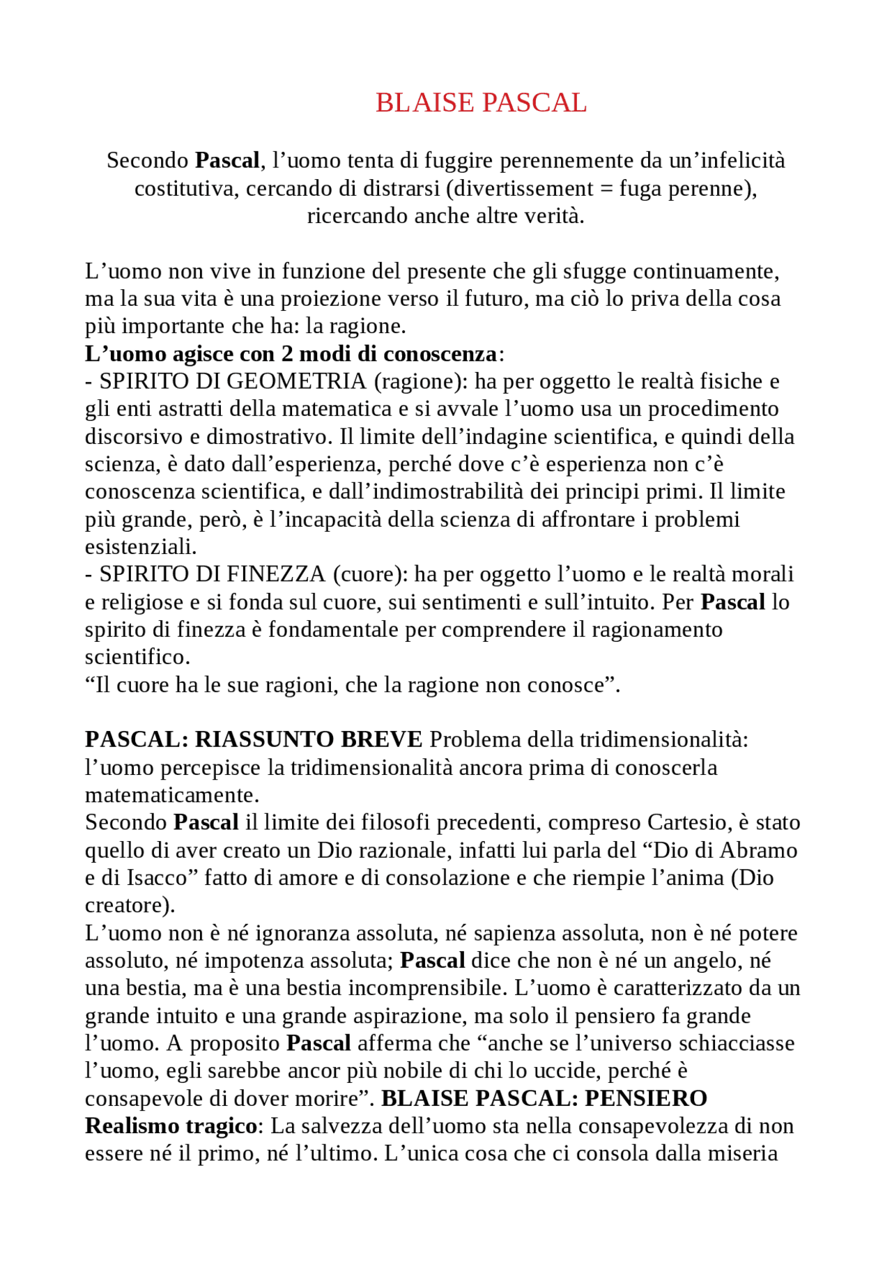 Blaise Pascal Pensiero Docsity