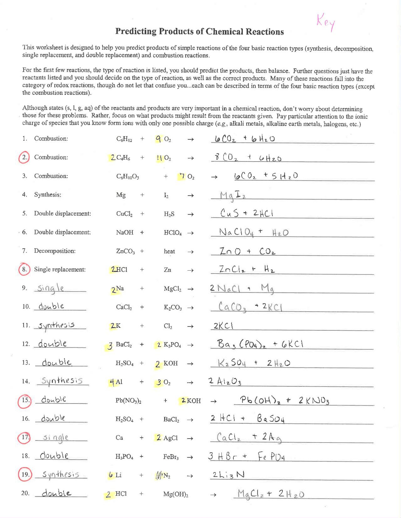 Worksheet Key For Predicting Products Of Chemical Reactions Exercises Worksheet Key For Predicting Products Of Chemical Reactions Exercises