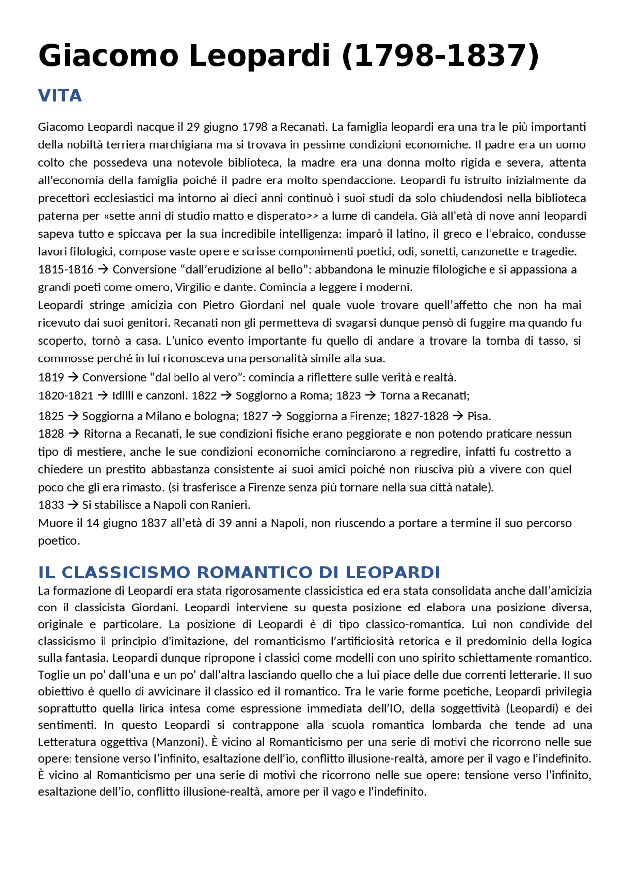 Giacomo Leopardi Pensiero - Docsity