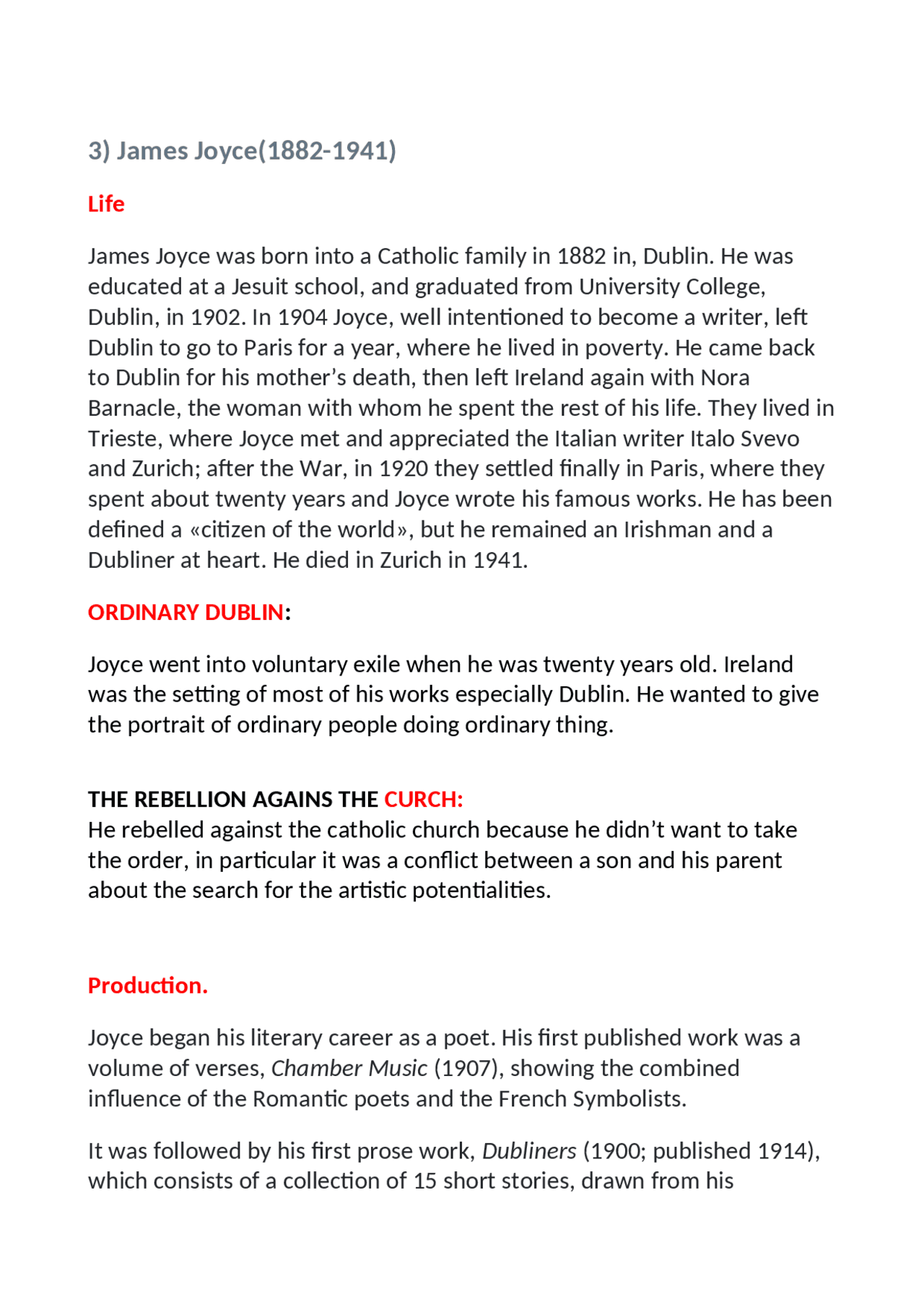 Joyce: Life, works and style - Docsity