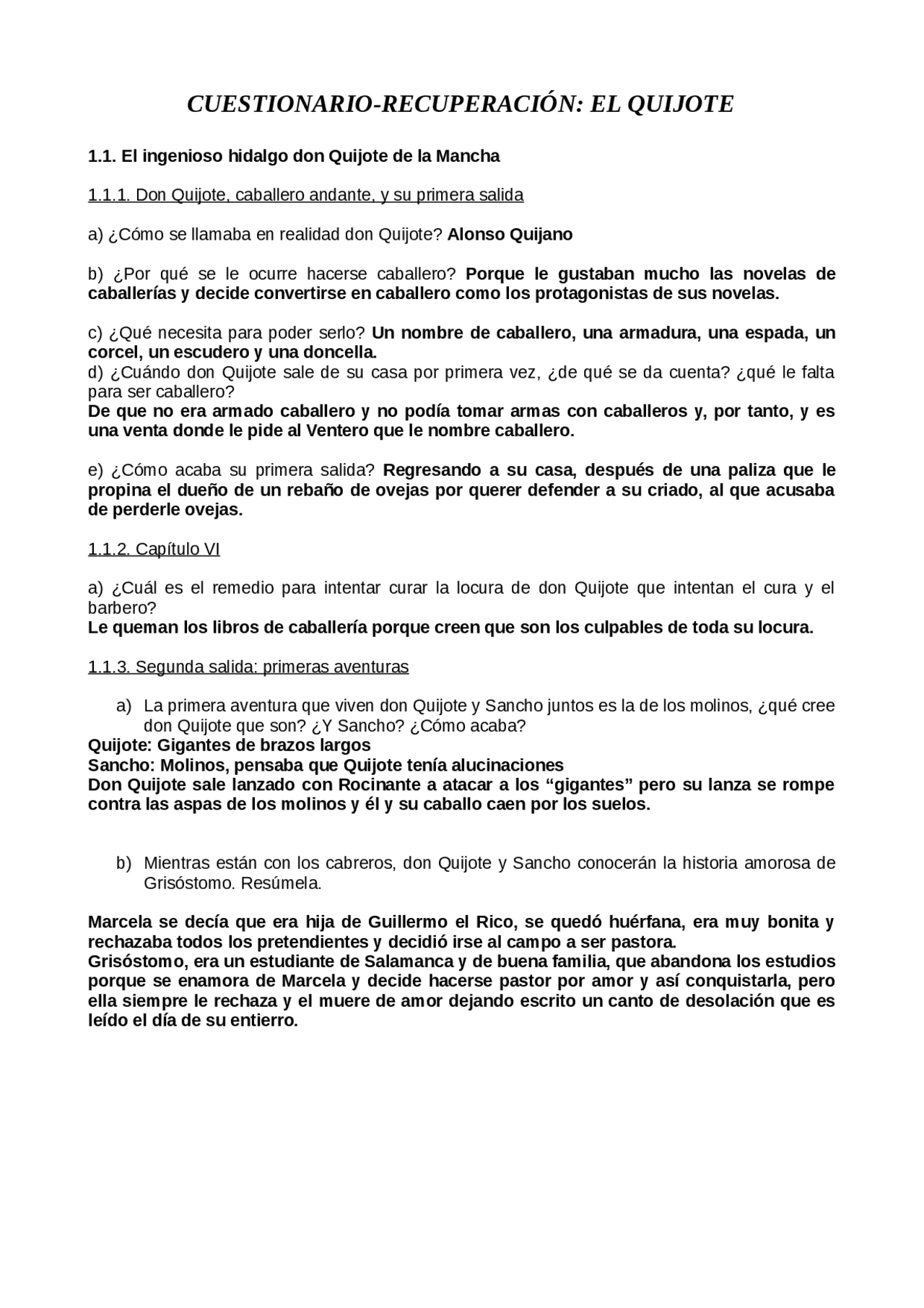 CUESTIONARIO BREVE SOBRE DON QUIJOTE DE LA MANCHA - Docsity