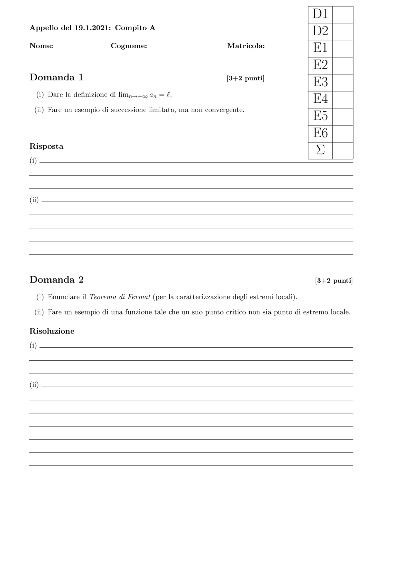 Prove Di Analisi Matematica Di Gennaio Camilli Docsity
