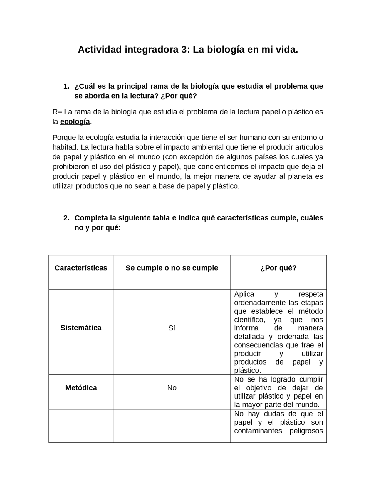 Actividad integradora 3. La biología en mi vida - Docsity