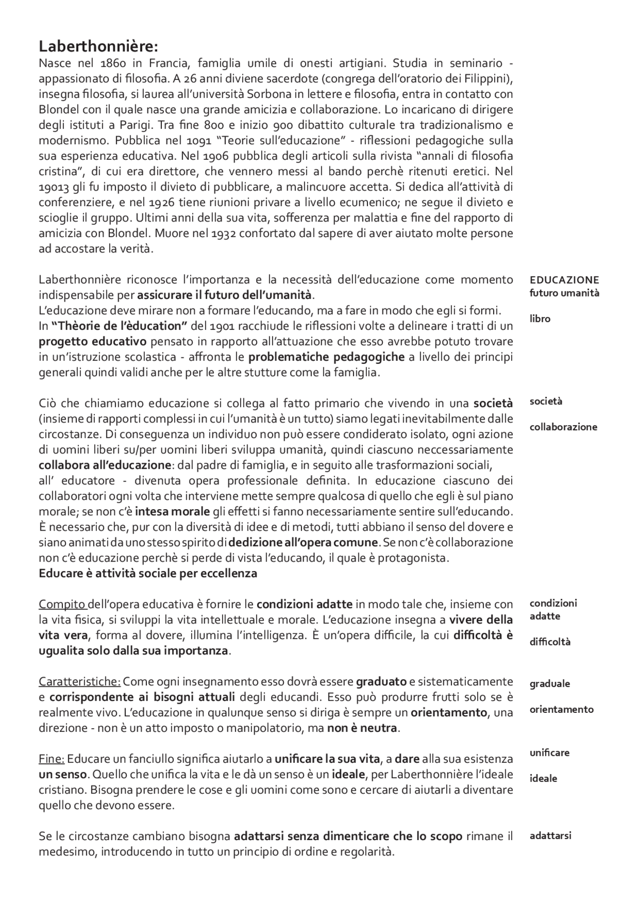 Concetti Chiave Laberthonnière Docsity