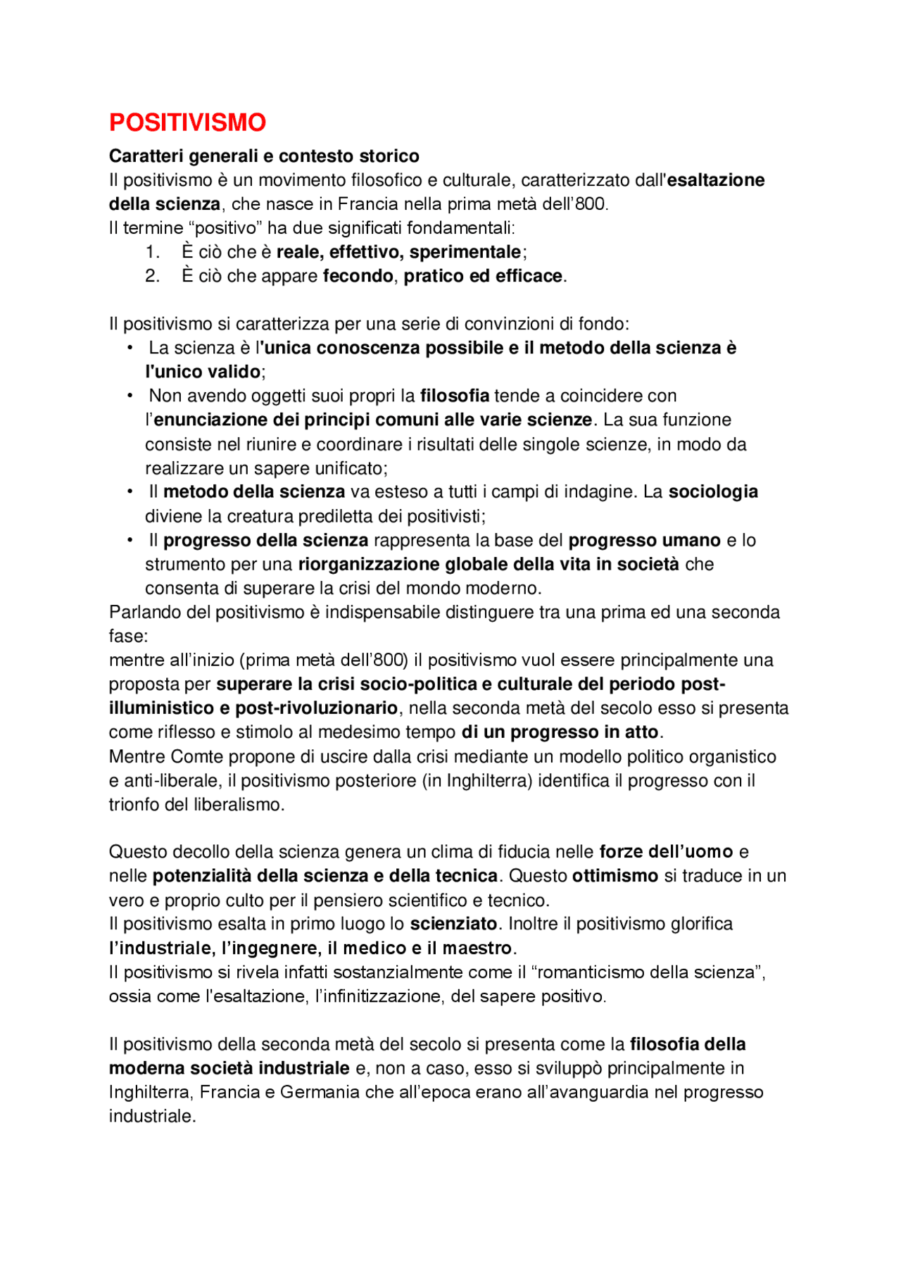 Positivismo Comte Bentham Mill Darwin E Spencer Docsity