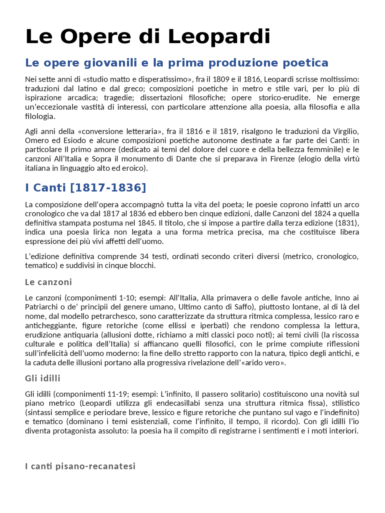 Le Opere Di Leopardi Docsity