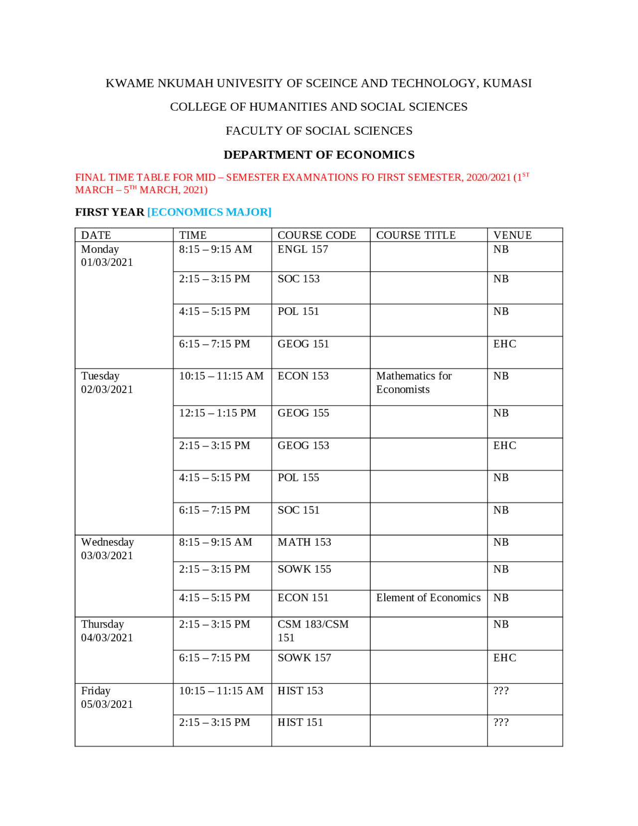 Midsem final examination timetable - Docsity Midsem final examination timetable - Docsity