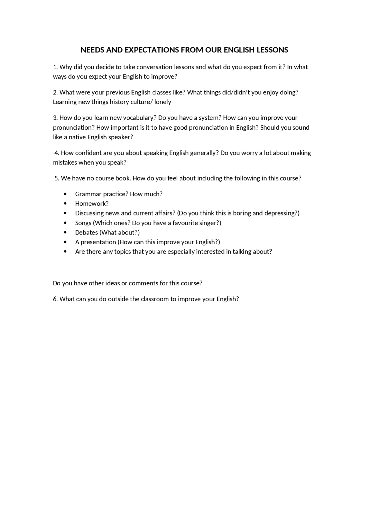 Needs and expectations from our English Lessons - Docsity
