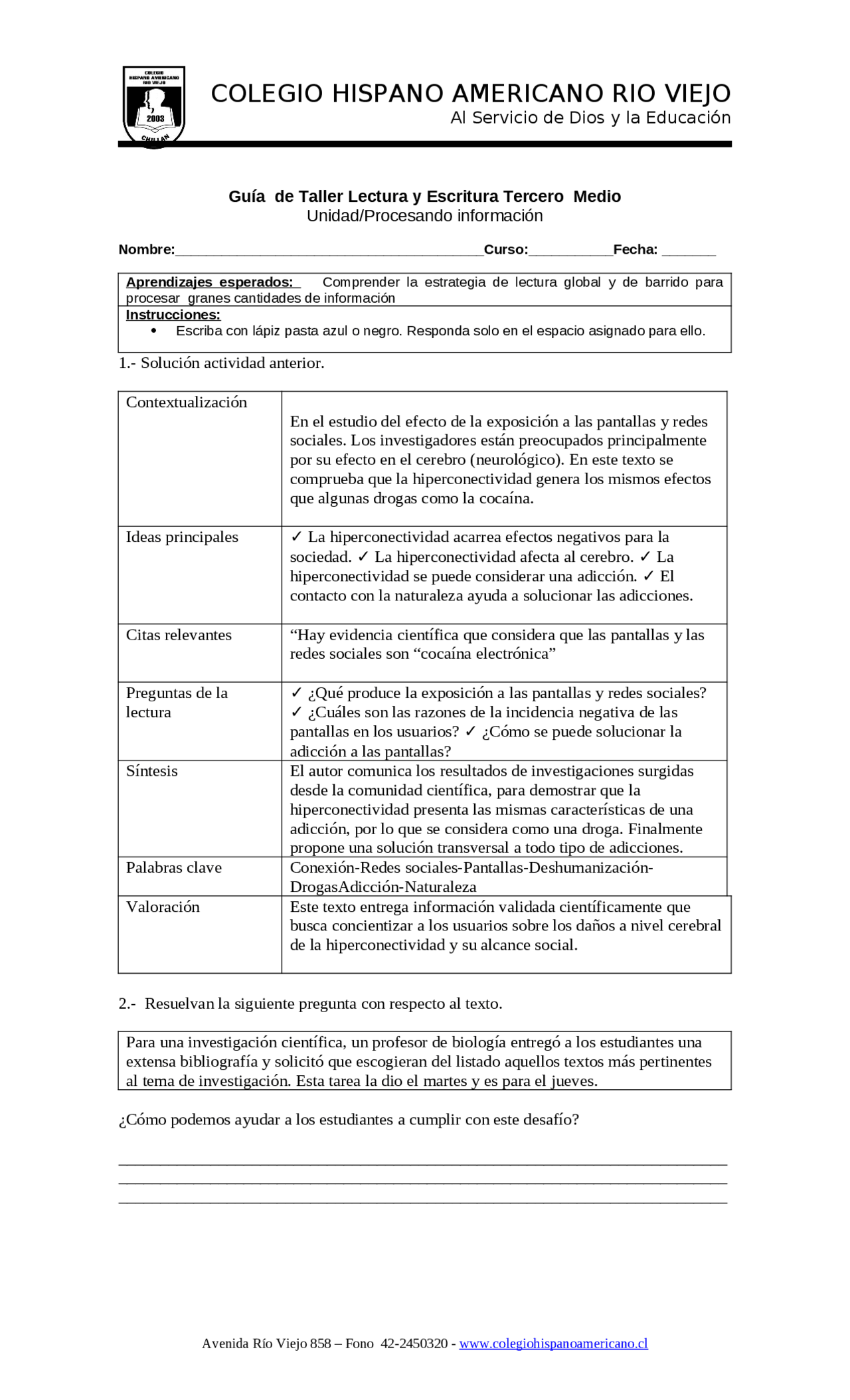 Guía de Taller Lectura y Escritura Tercero Medio: Procesando ...