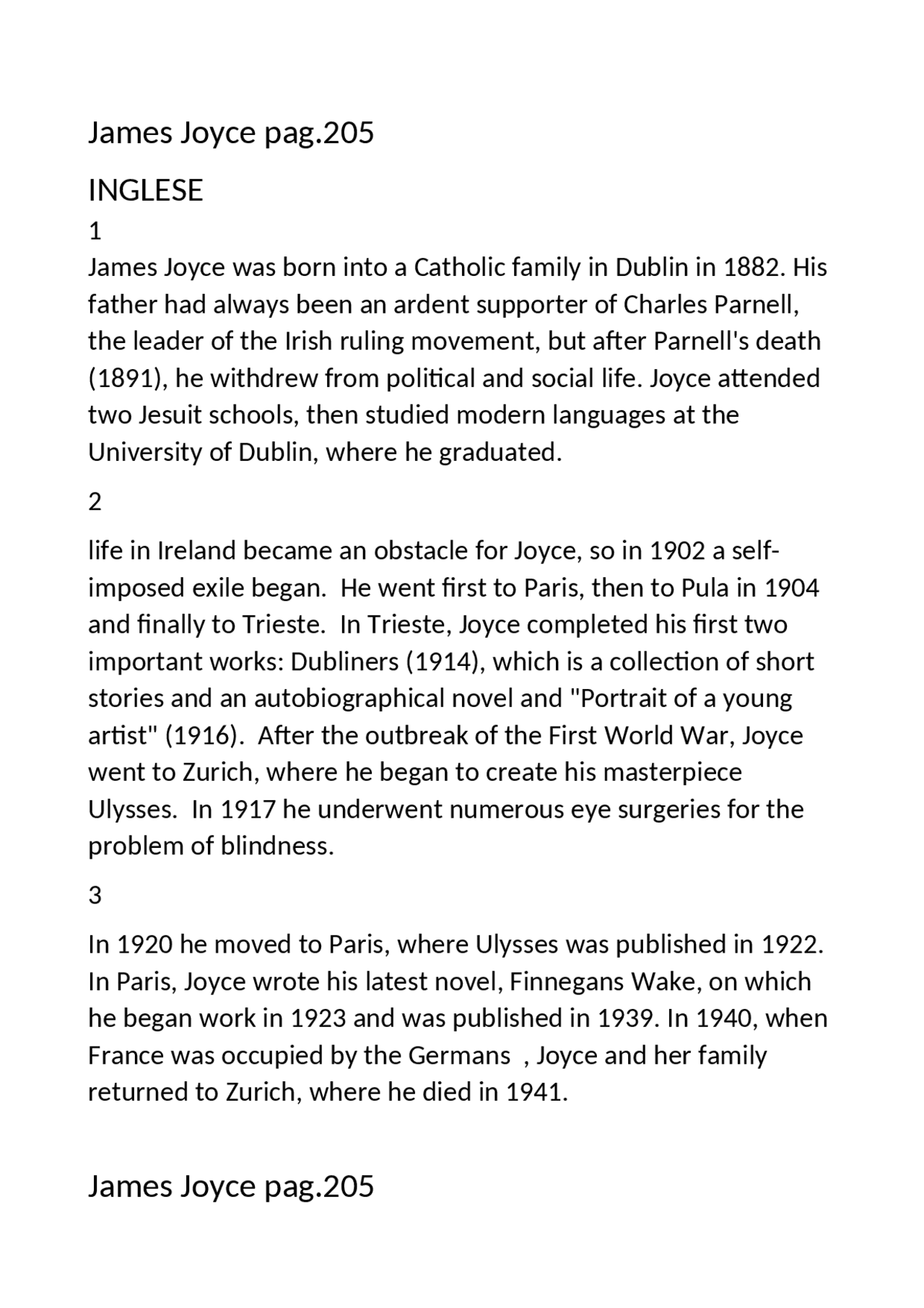 James Joyce Vita E Opere Docsity