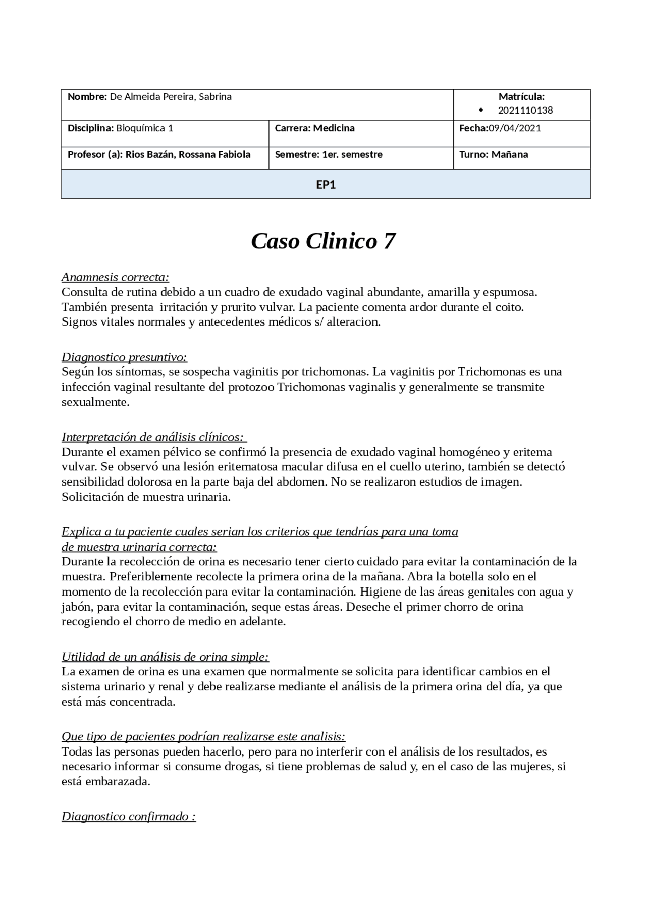 Caso Clinico Pacientes Com Patologia Ejercicios De Biología Docsity