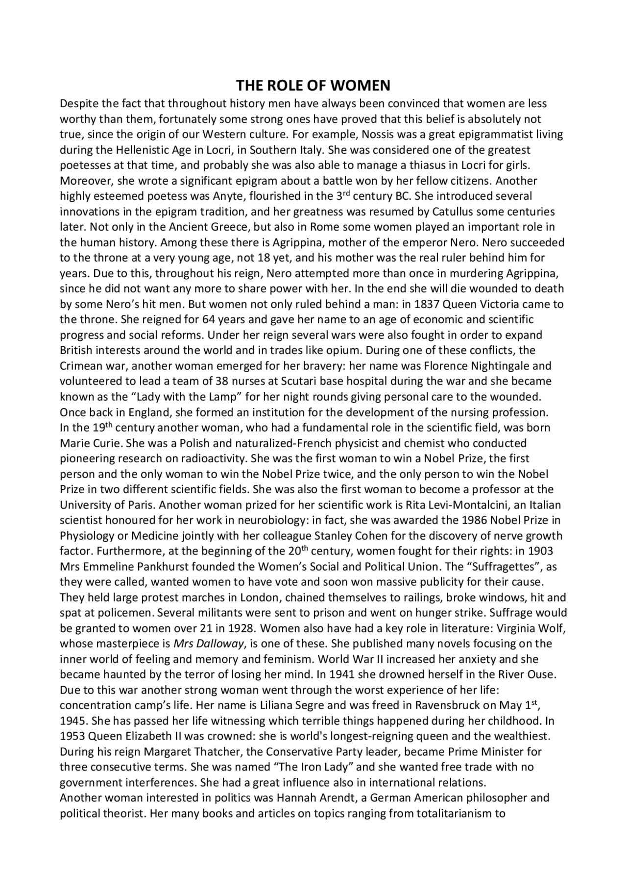 English presentation: the role of women throughout history - Docsity