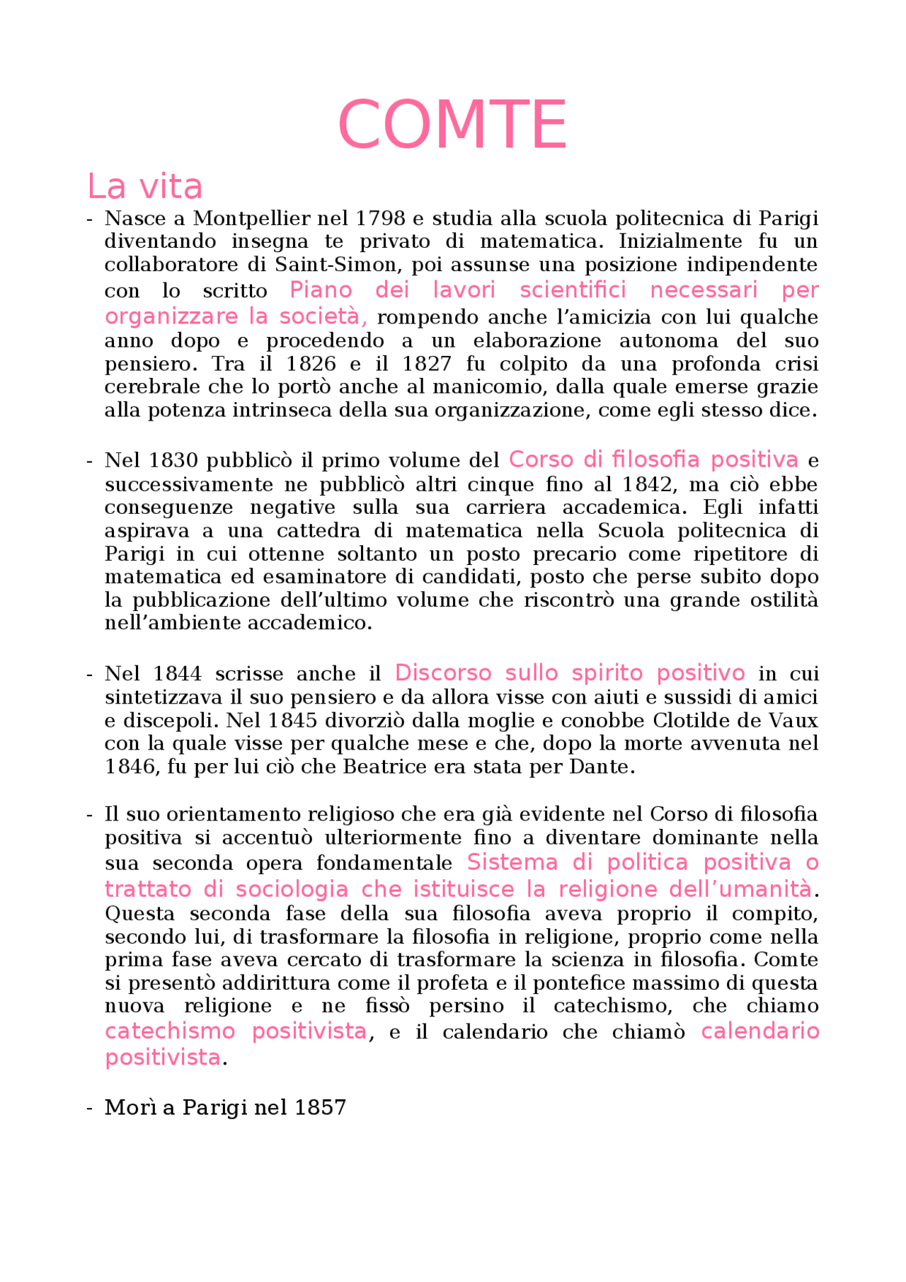 Riassunto Di Comte Filosofia Docsity