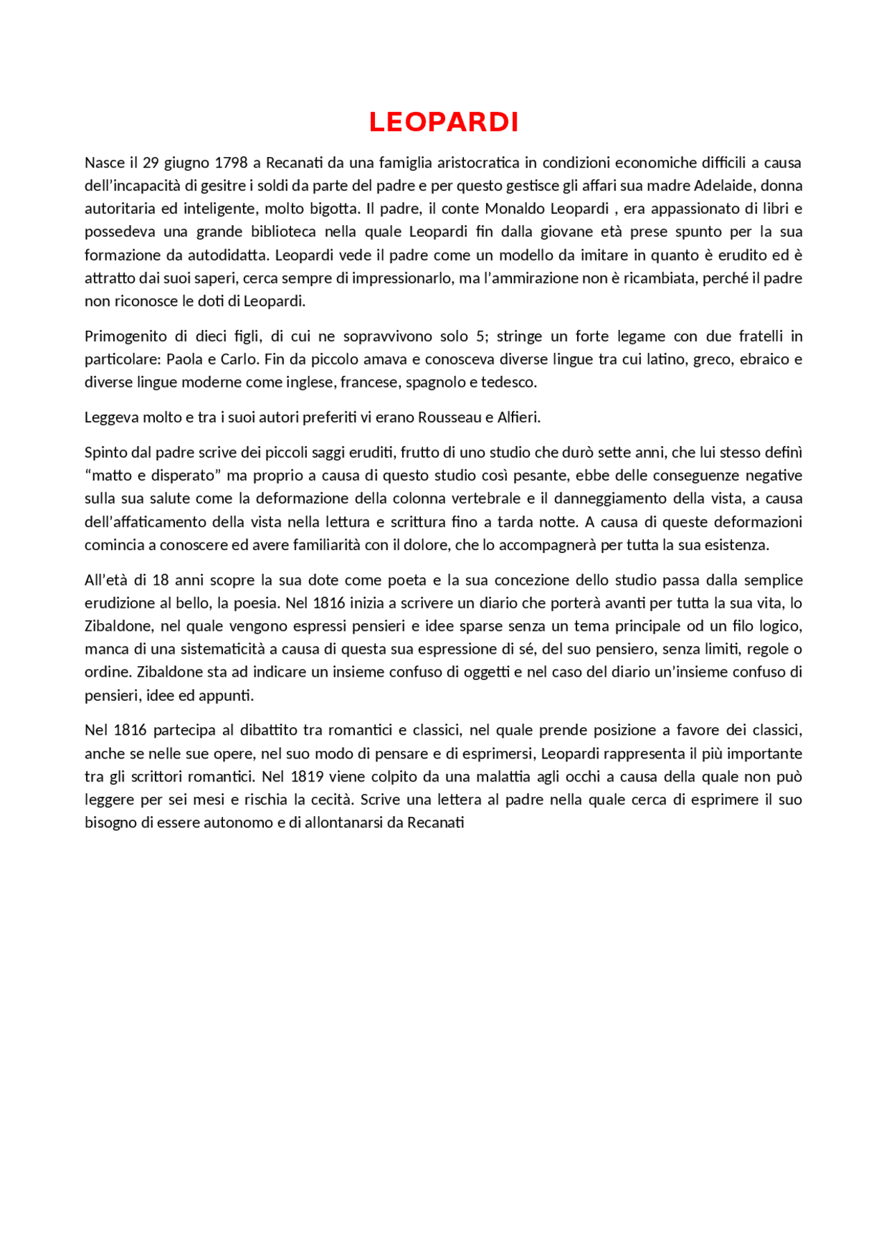 La Vita Di Leopardi Appunti Liceo Scienze Umane Docsity