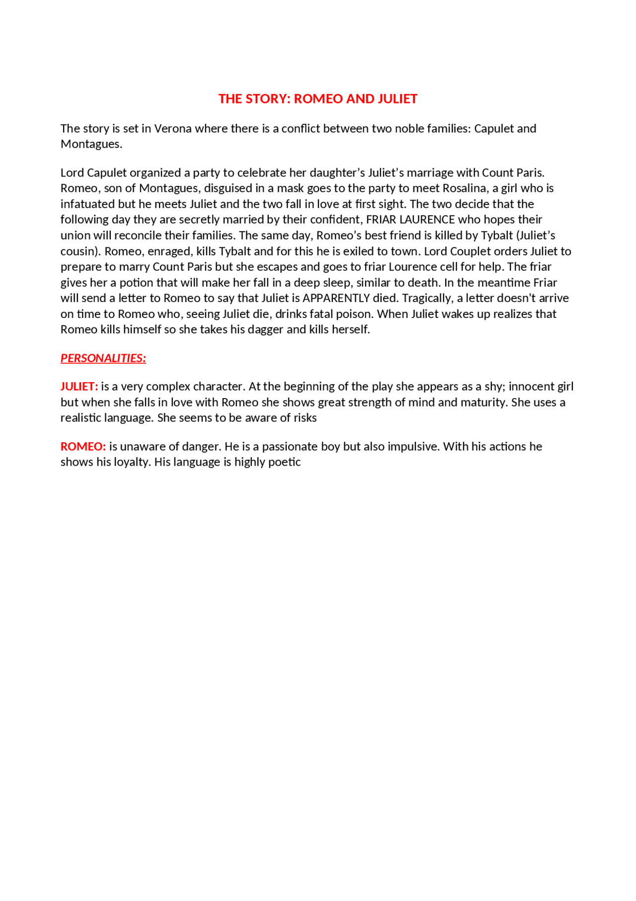 The Story Romeo And Juliet Docsity