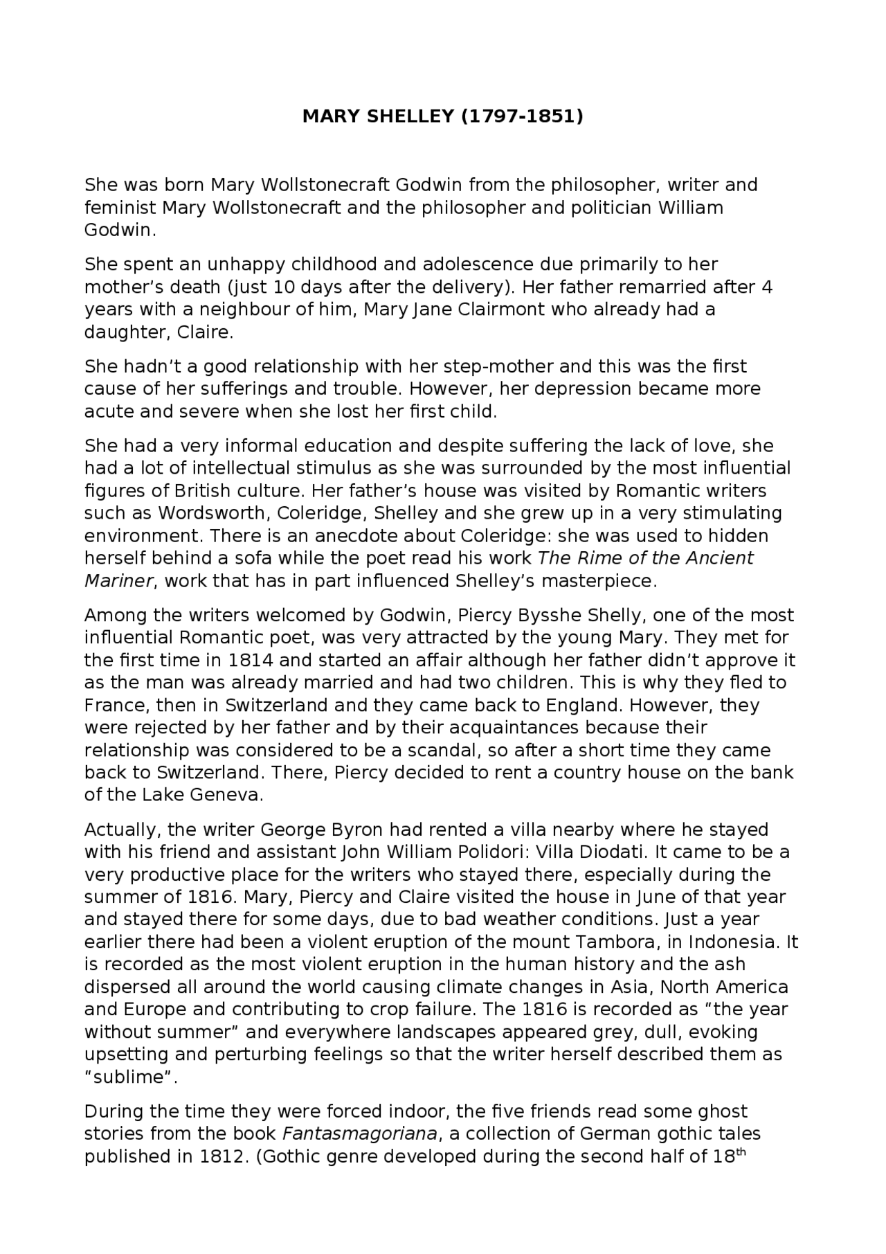 Mary Shelley - biography and the origin of Frankenstein - Docsity