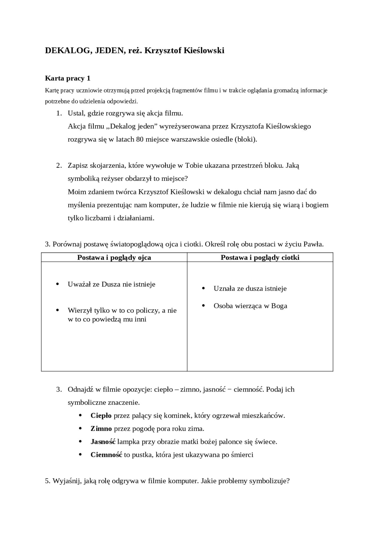 Dekalog jeden (fragmenty)_karta pracy | Zadania Język polski | Docsity