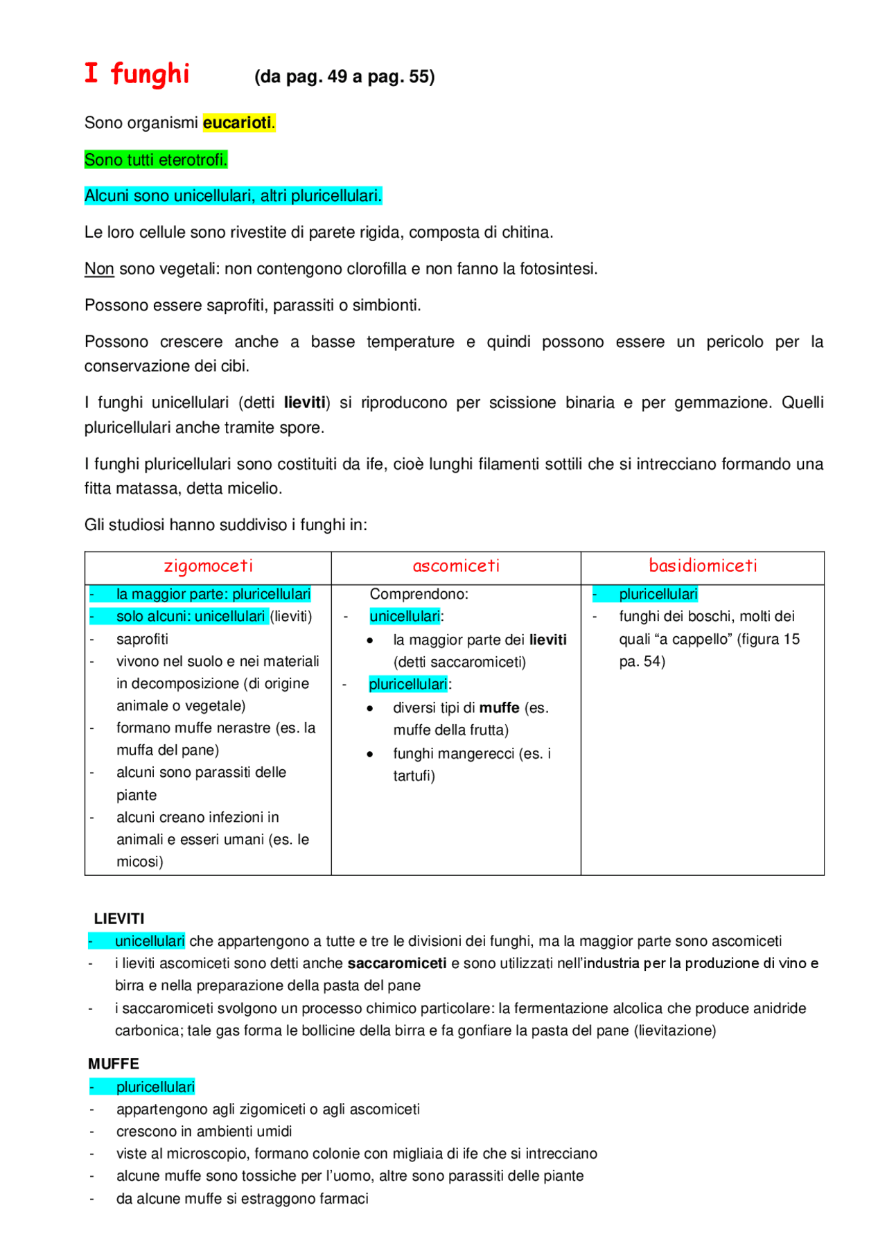 Schema Funghi Con Tassonomia Semplice Docsity
